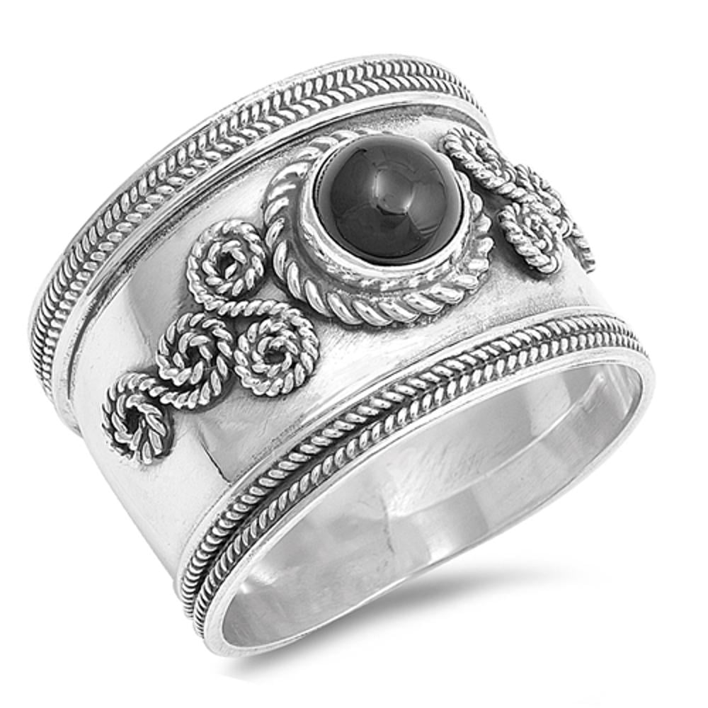 CHOOSE YOUR COLOR Wide Bali Simulated Black Onyx Ring .925 Sterling ...