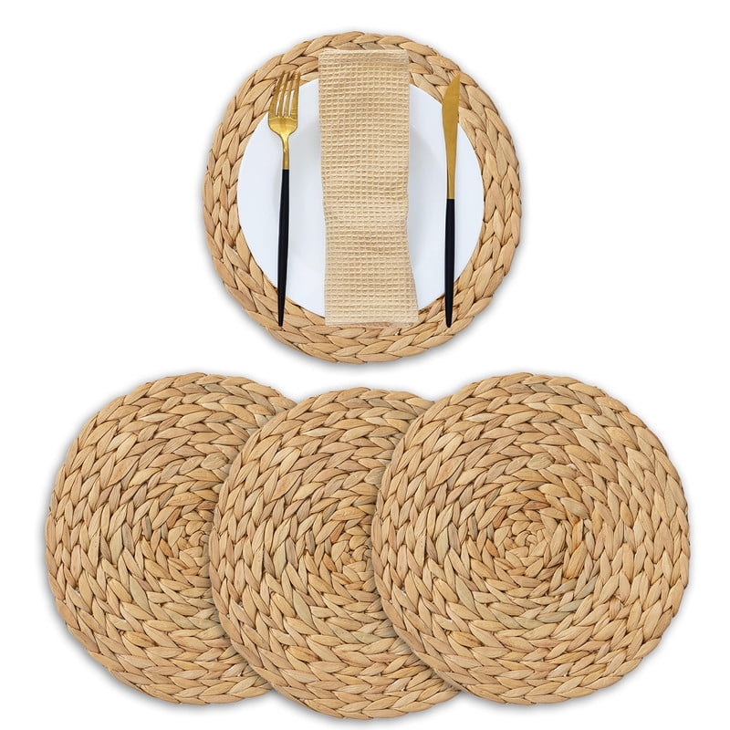 CHOSHOME 4 Pack Natural Water Hyacint Round Woven Placemats, Braided ...