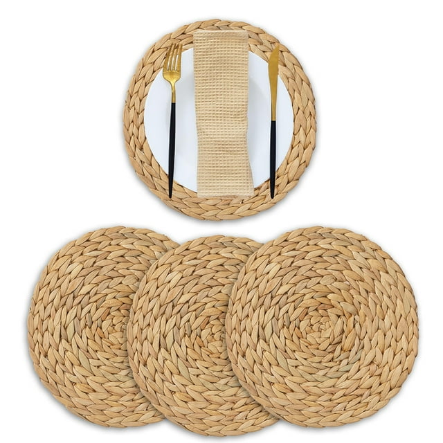 CHOSHOME 4 Pack Natural Water Hyacint Round Woven Placemats, Braided ...