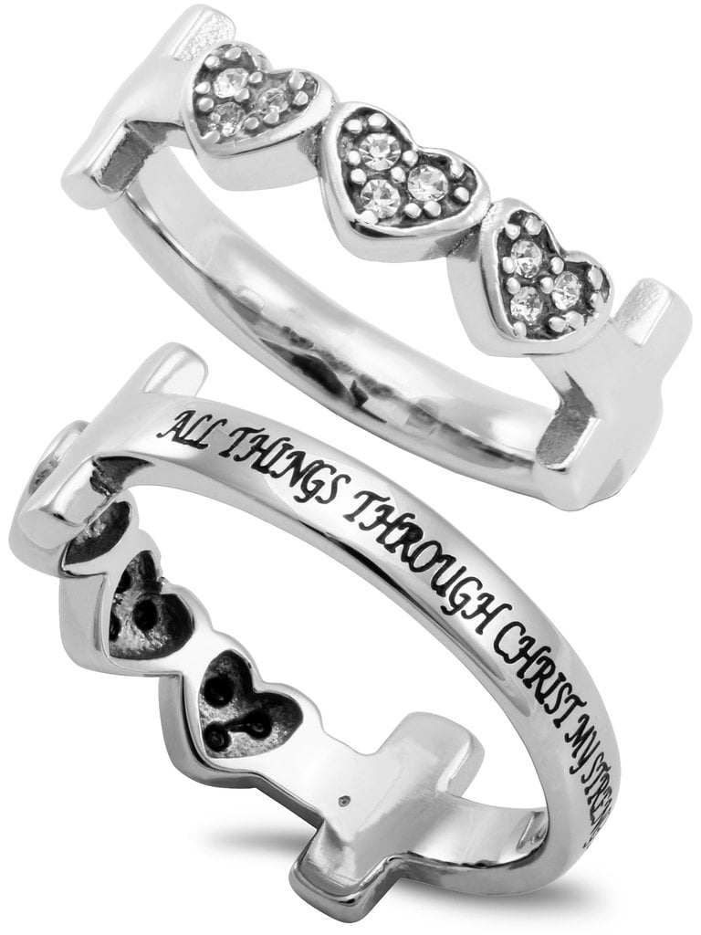 CHRIST MY STRENGTH Three Heart Ring with Cross, Stainless Steel ...