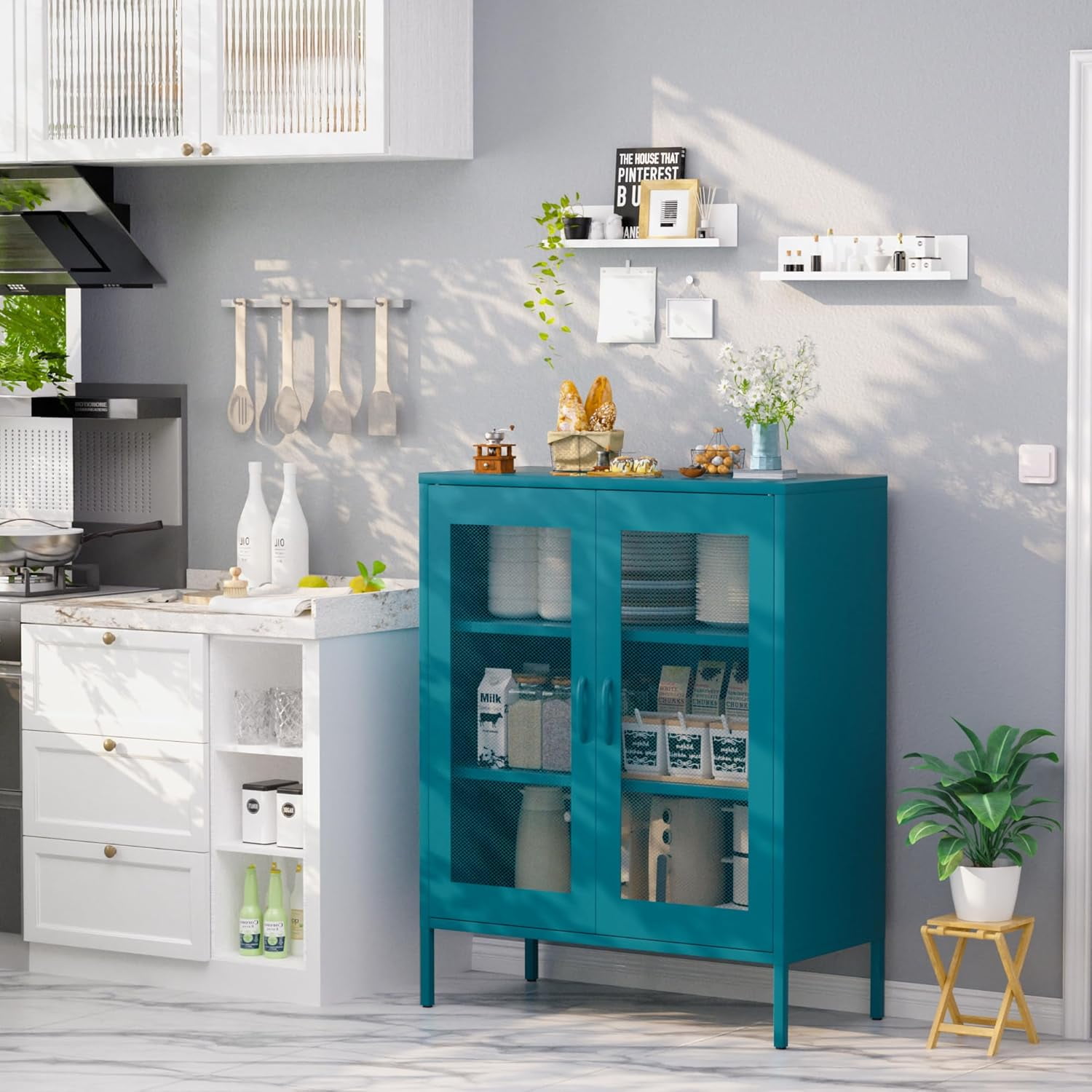 CHSHIN 40" H Blue Metal Storage Cabinet with 2-Mesh Doors for Home ...