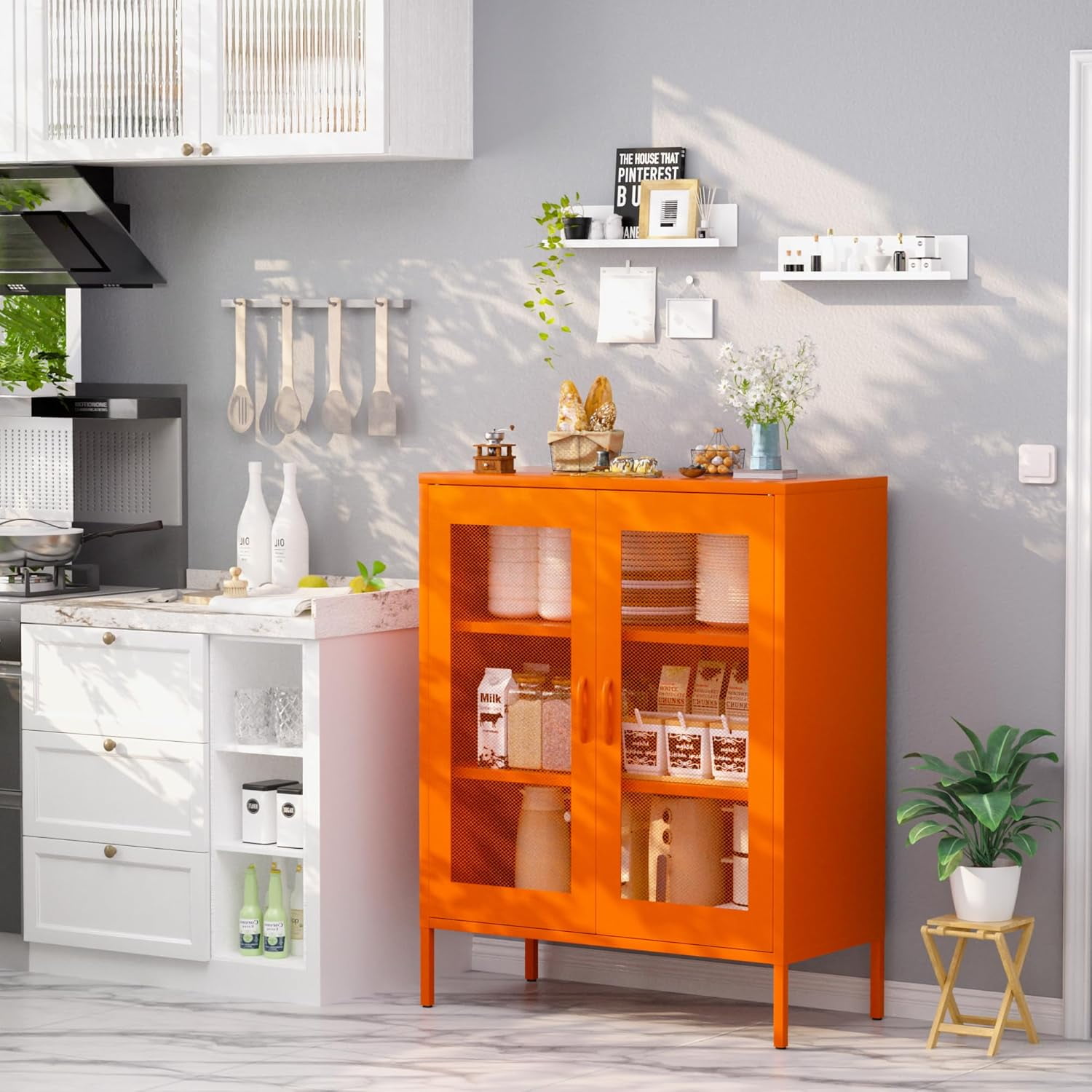 CHSHIN 40" H Orange Metal Storage Cabinet with 2-Mesh Doors for Home ...