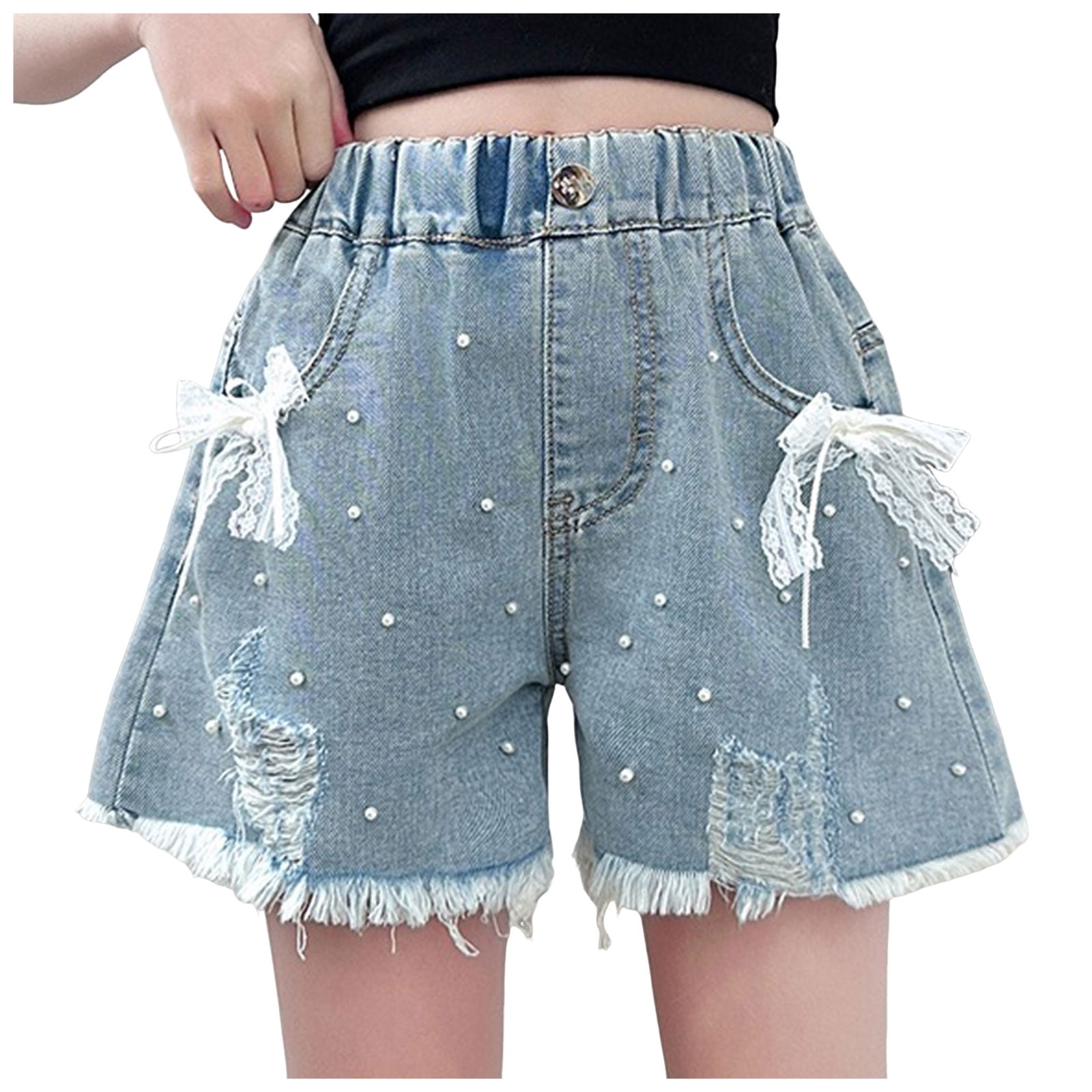[CHSJU]Girls Beaded Denim Shorts Summer Thin Lace Bow Fringed Stylish ...