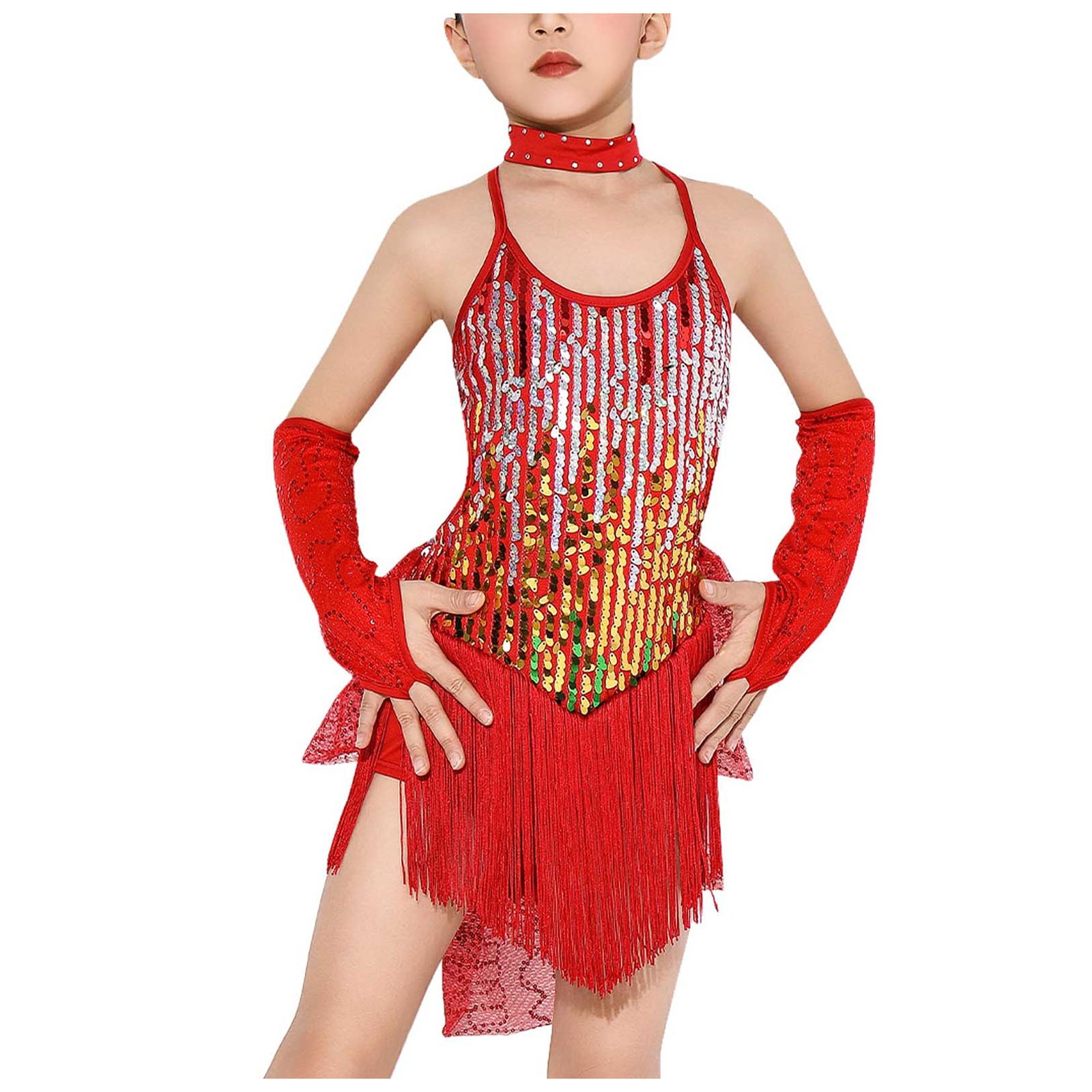 [CHSJU]Girls Sequin Tassel Latin Dance Dress Sleeveless Stage Outfit ...