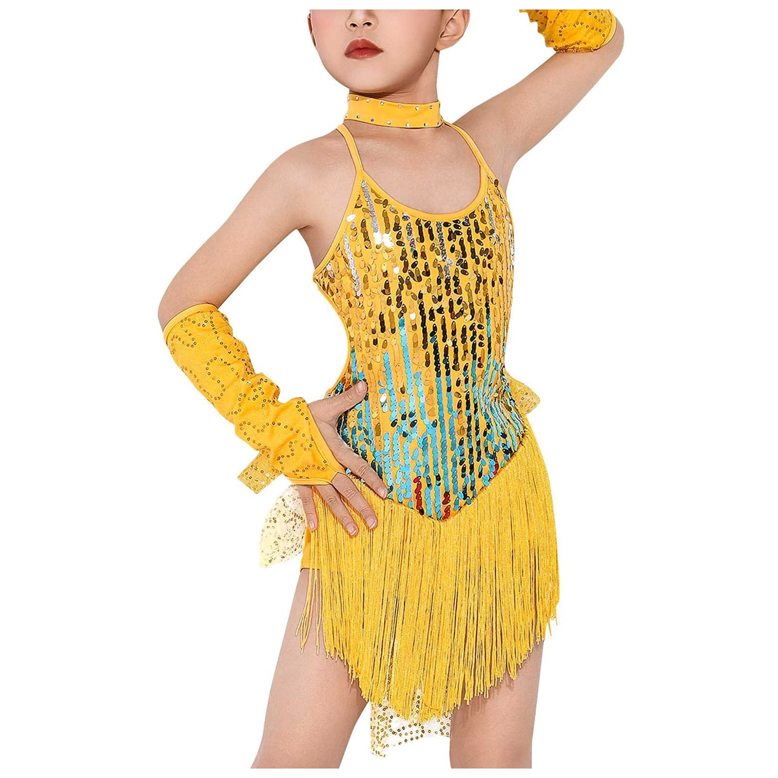 [CHSJU]Girls Sequin Tassel Latin Dance Dress Sleeveless Stage Outfit ...