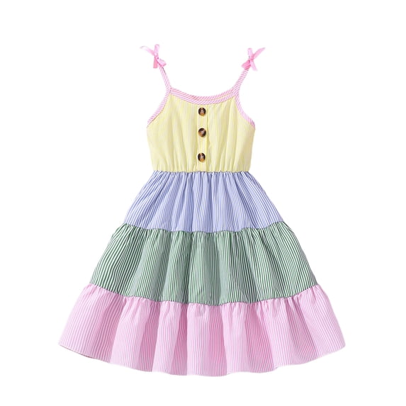 [CHSJU]Girls Striped Contrast Suspender Dress Bow Ruffle Layered A-Line ...