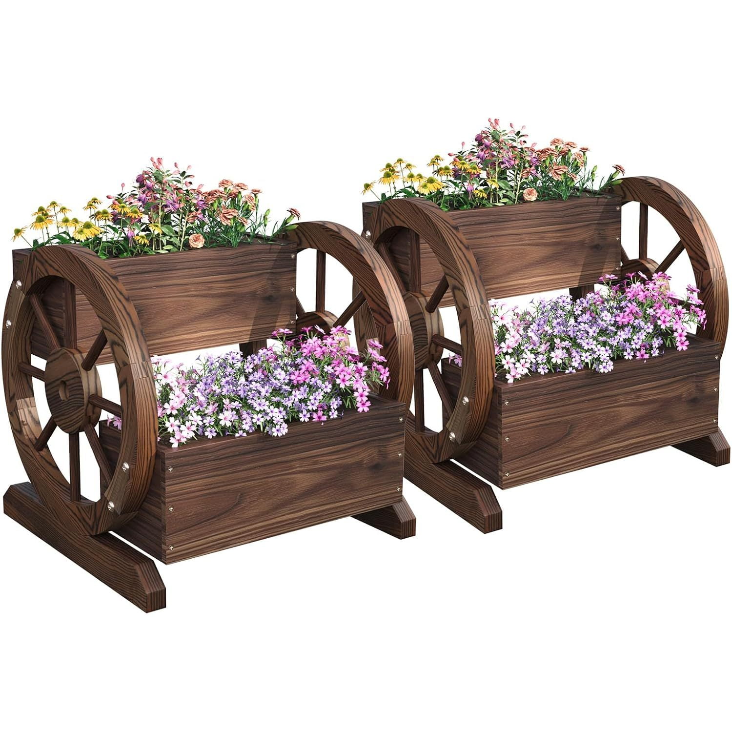 CHSP 2 Pcs Wooden Wagon Planter Box, 2 Tier Planter for Outdoor Plants ...