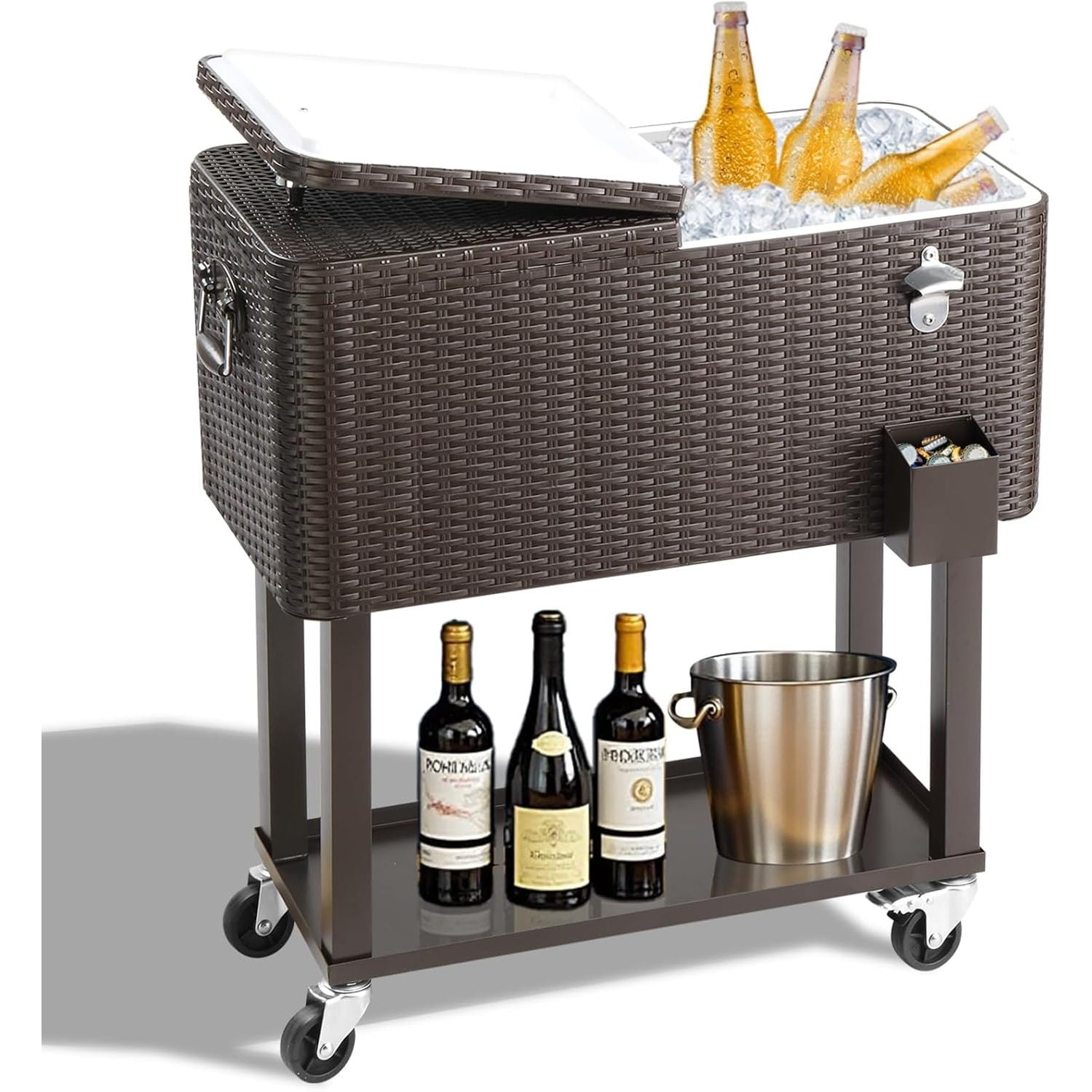 CHSP 80 Quart Rolling Ice Chest, Portable Bar Drink Cooler with Catch Basin, Bottom Storage Tray ...