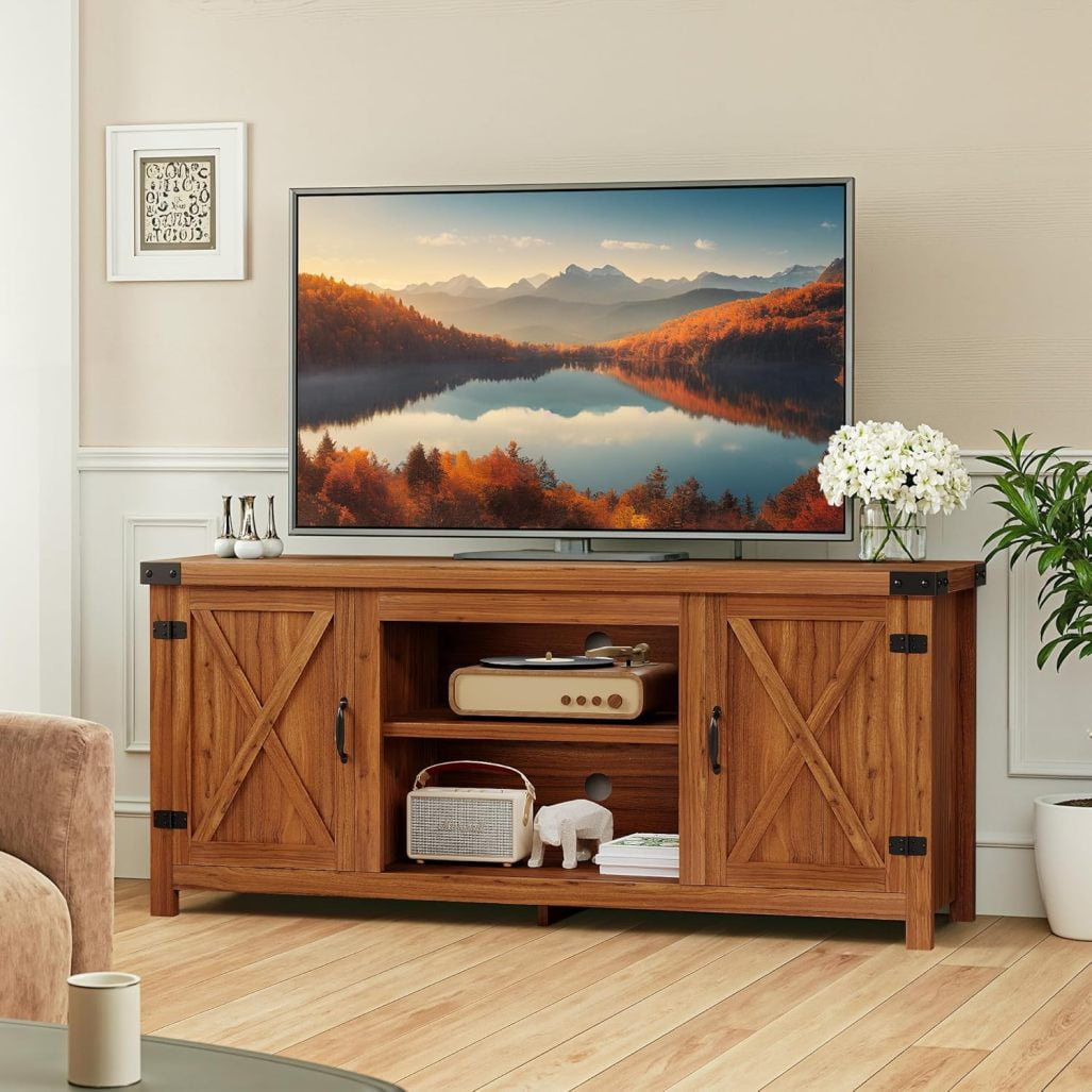 CHSP Farmhouse TV Stand for 65 inch, Entertainment Center with Adjustable Shelves & Barn Doors ...