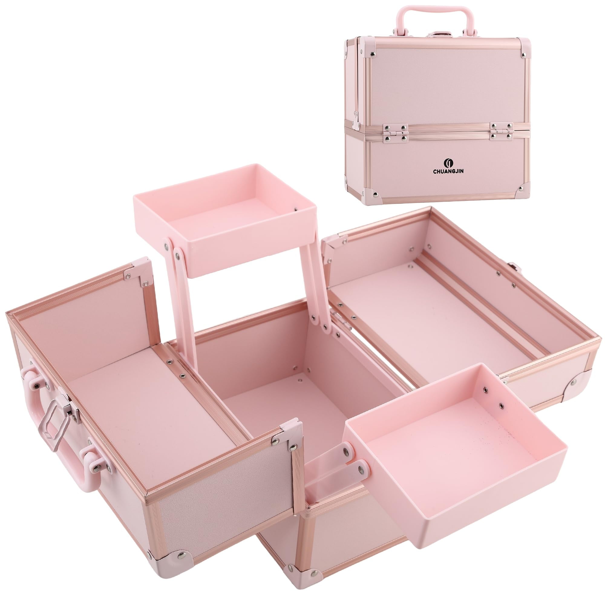 CHUANGJIN Makeup Train Case 2 Trays Makeup Box Organizer Portable ...