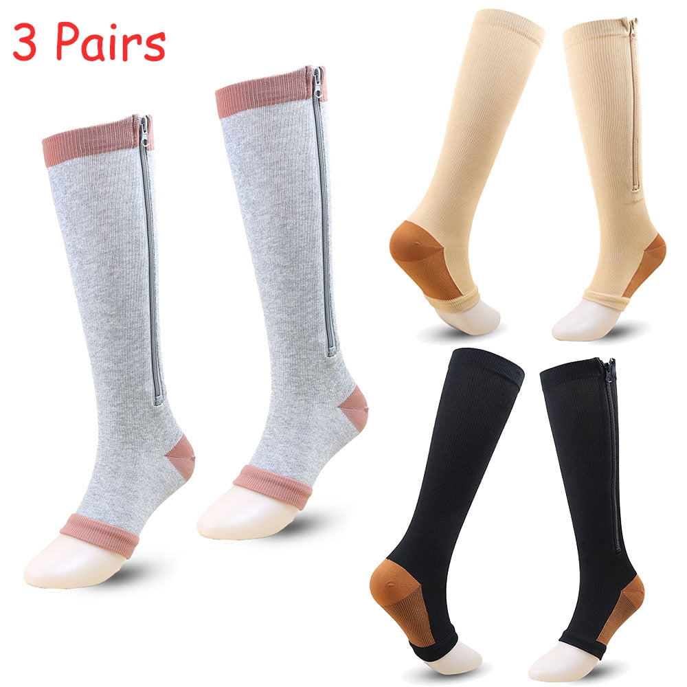 CHUANK 3 Pairs Zipper Compression Socks Medical Toeless Zip Easy on off ...