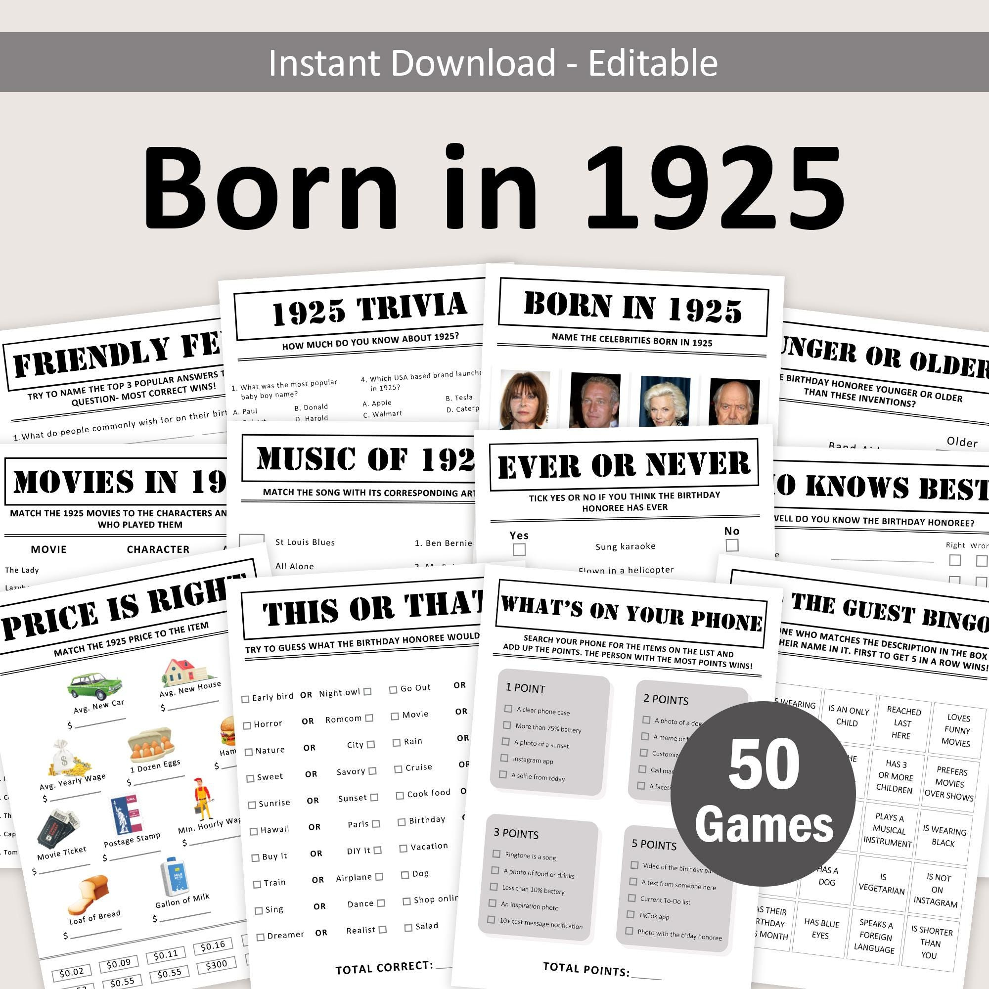 CHUBU 100th Birthday Games Bundle 100th Birthday Party Games 1925 ...