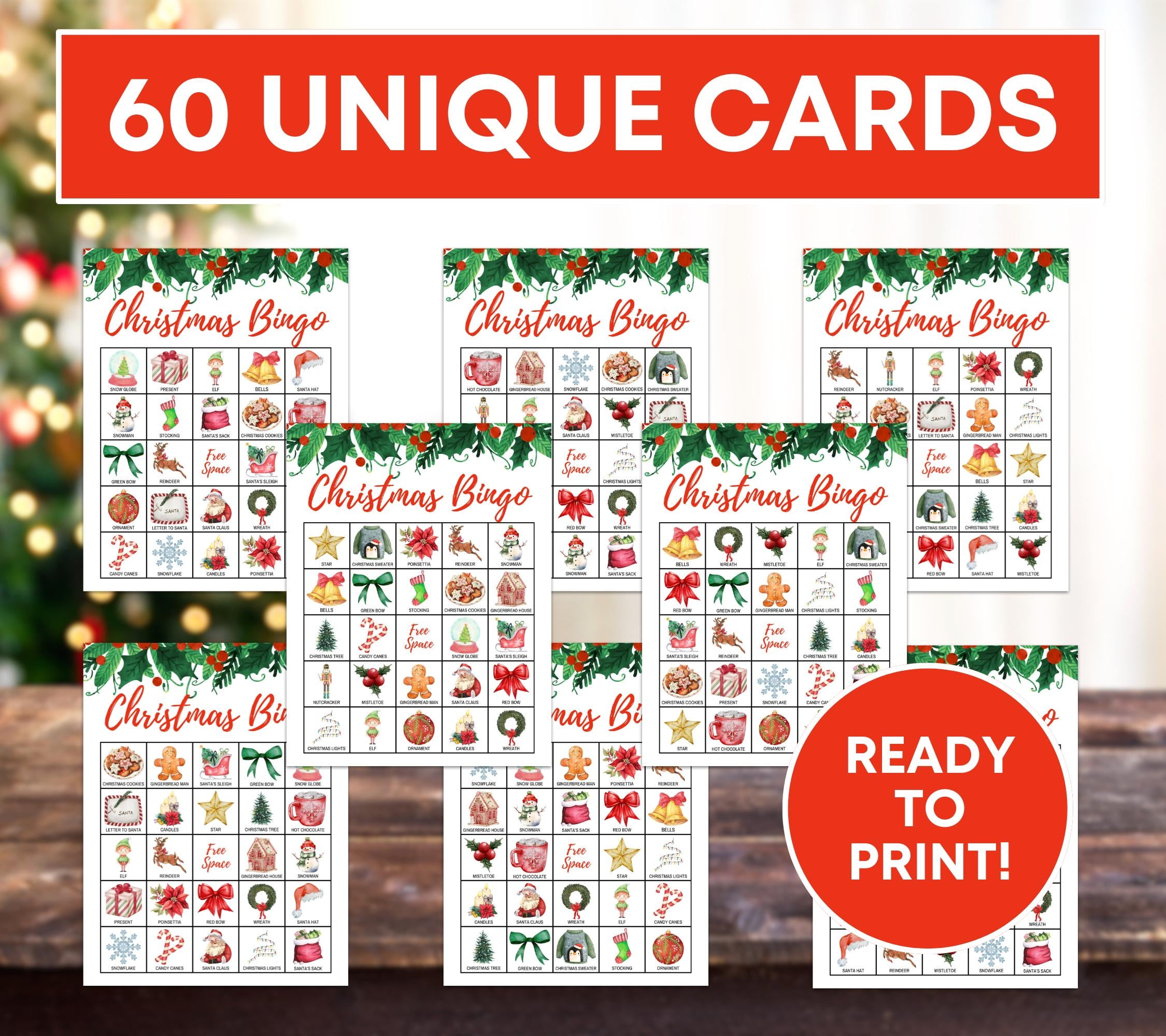 CHUBU 60 Christmas Bingo Card Printable Game,Christmas Bingo Board ...