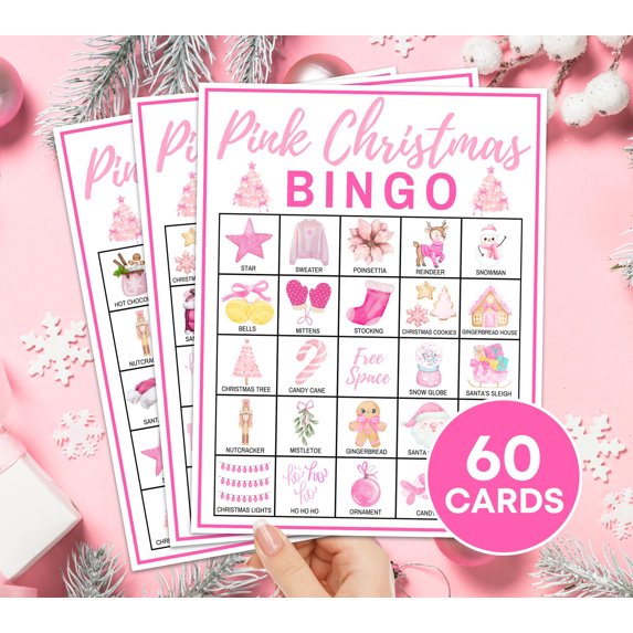 CHUBU 60 Pink Christmas Bingo Card Printable Game,Girls Night Christmas ...