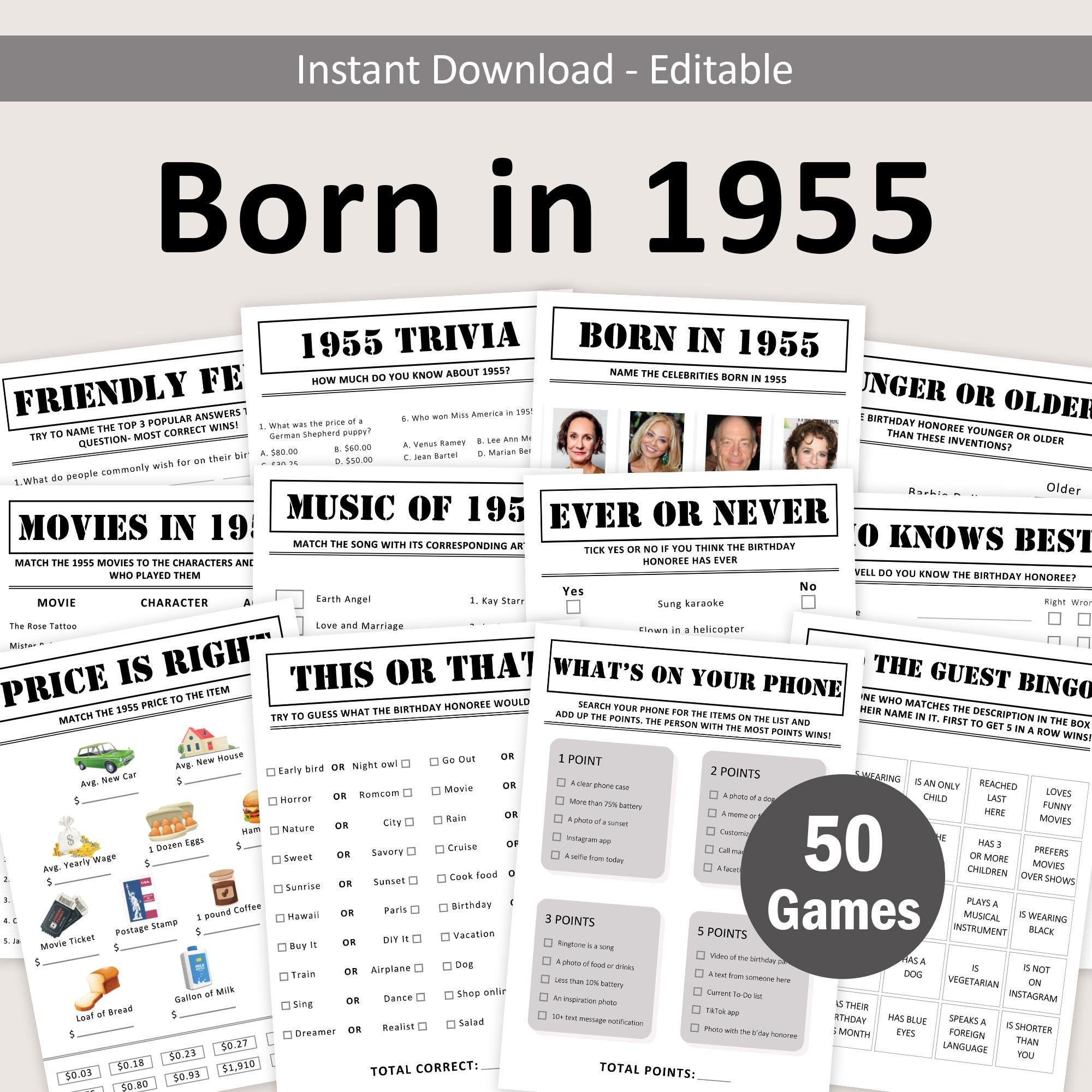 CHUBU 70th Birthday Games Bundle 70th Birthday Party Games 1955 Trivia ...
