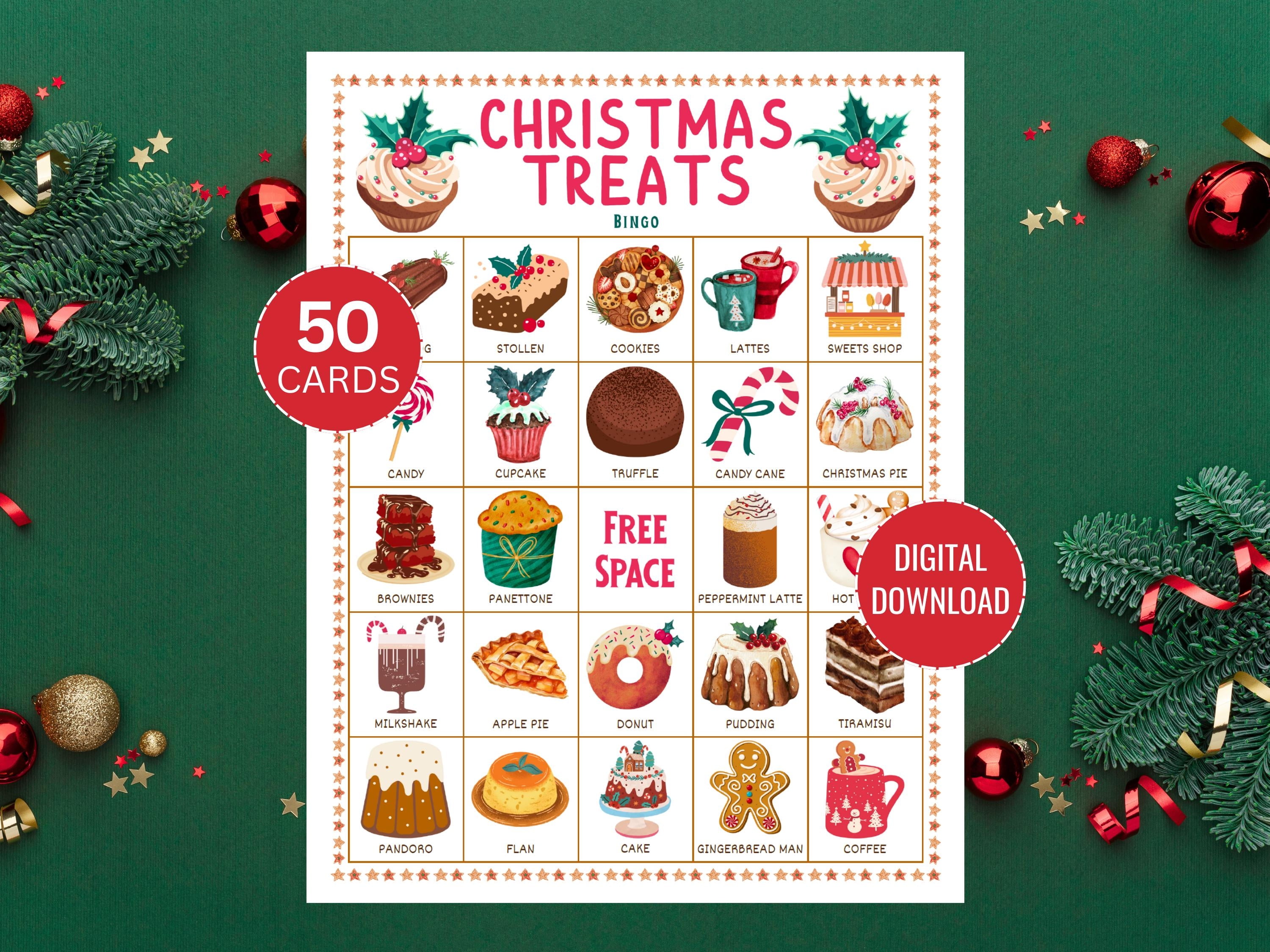CHUBU Christmas Treats Bingo - 50 Printable Cards - Holiday Party Game ...