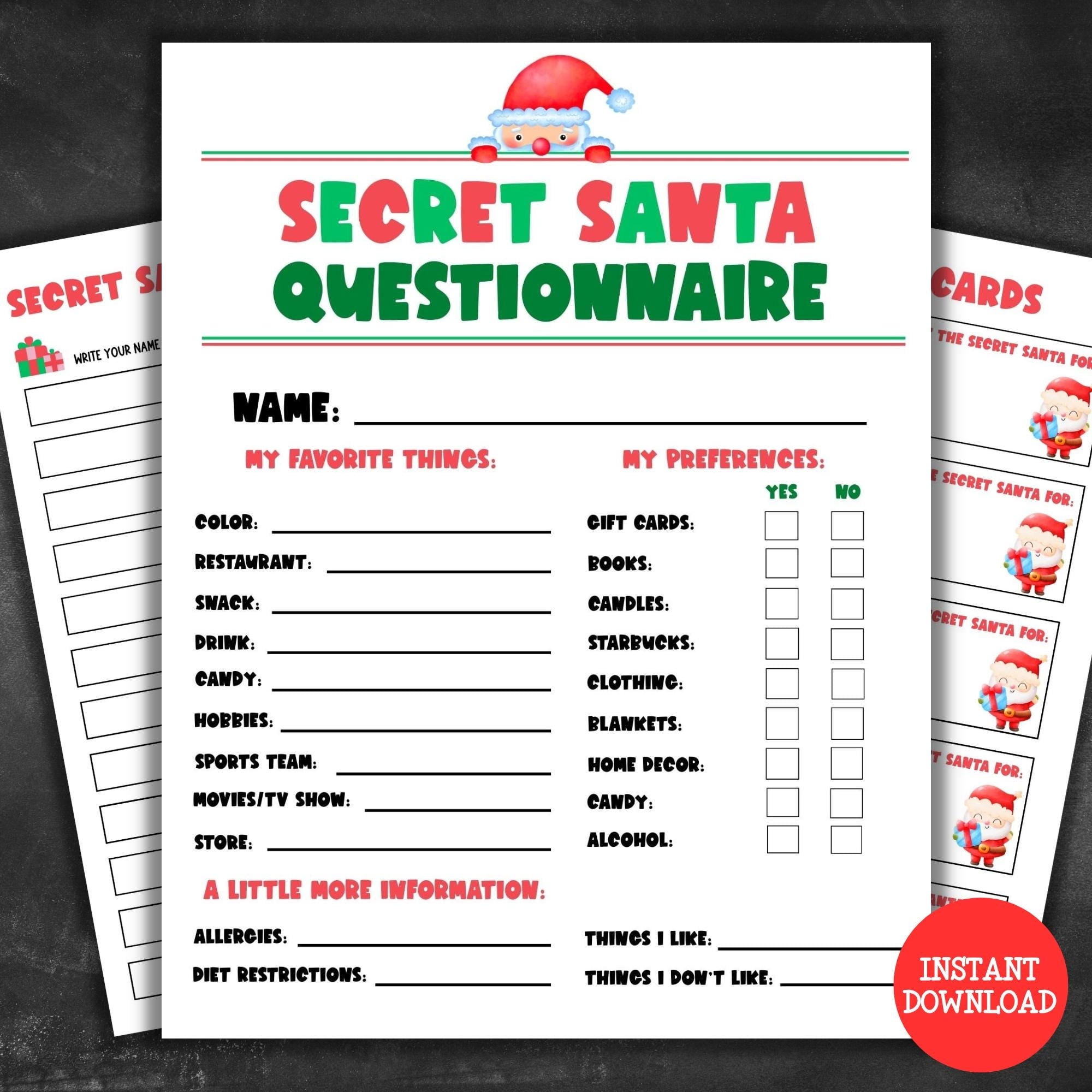 CHUBU Printable Secret Santa Questionnaire for Christmas Gift Exchange ...