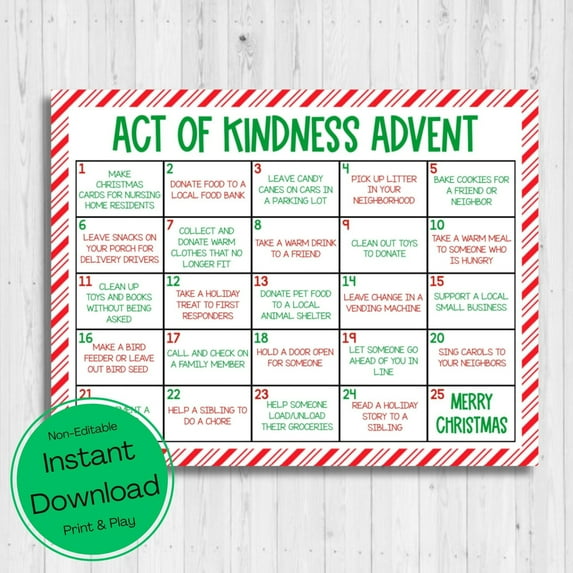 CHUBU Printable Version Christmas Act Of Kindness Advent Printable ...