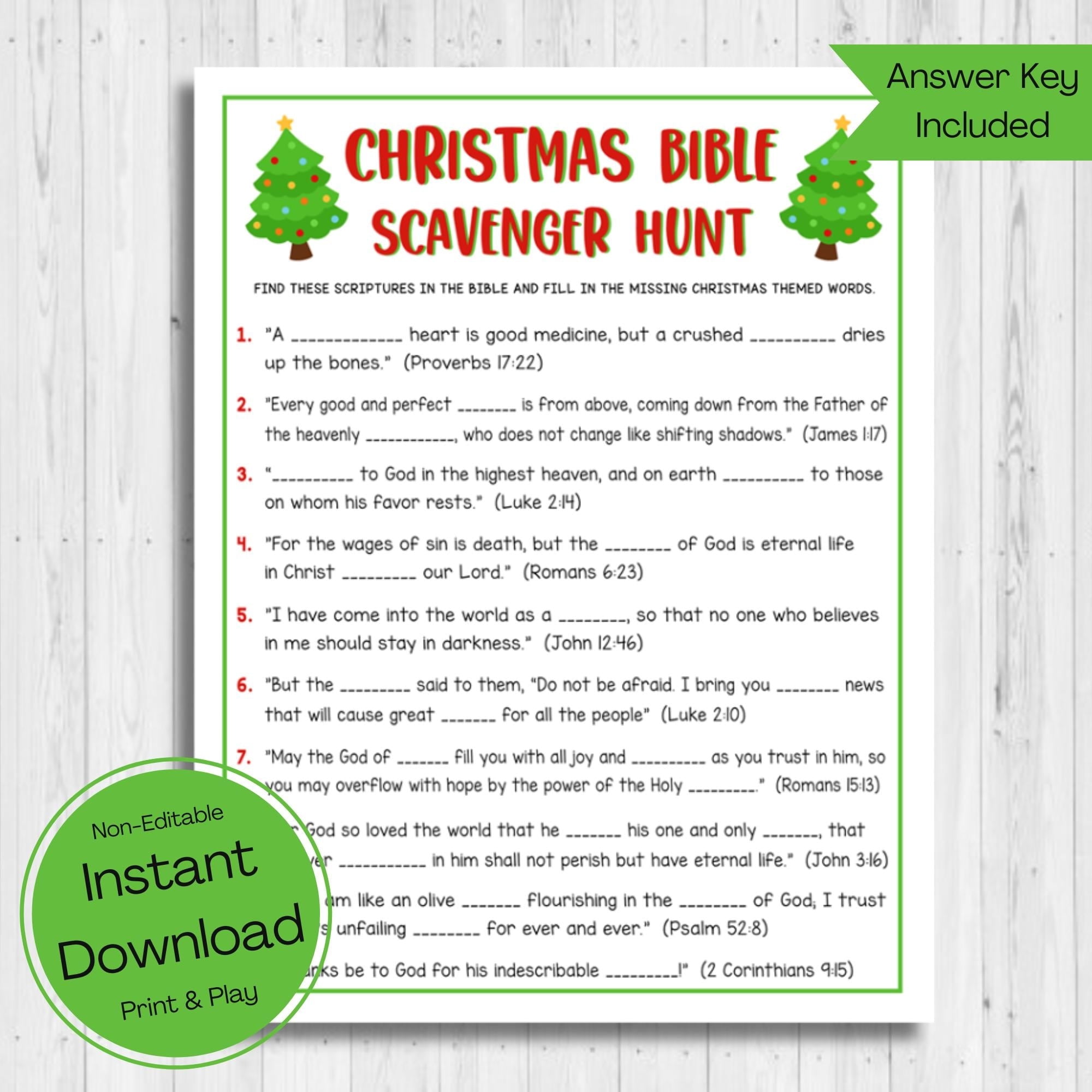 CHUBU Printable Version Christmas Bible Verse Scavenger Hunt Game ...