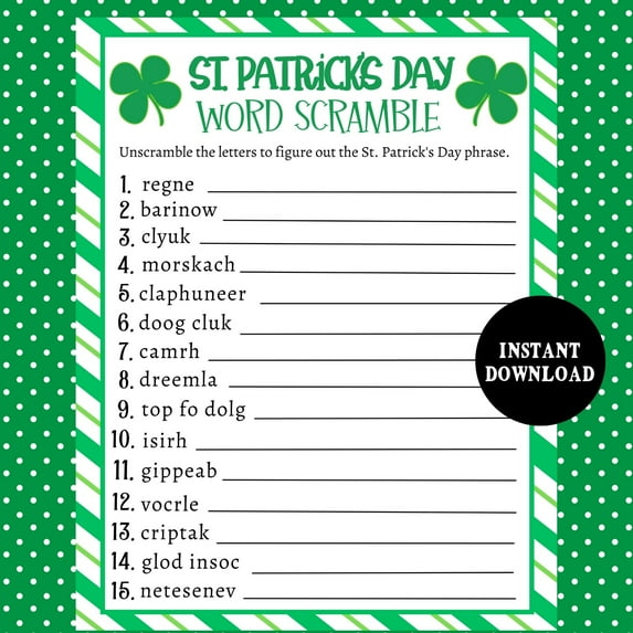 CHUBU St. Patrick's Day Word Scramble Game, St. Patrick's Day Game ...