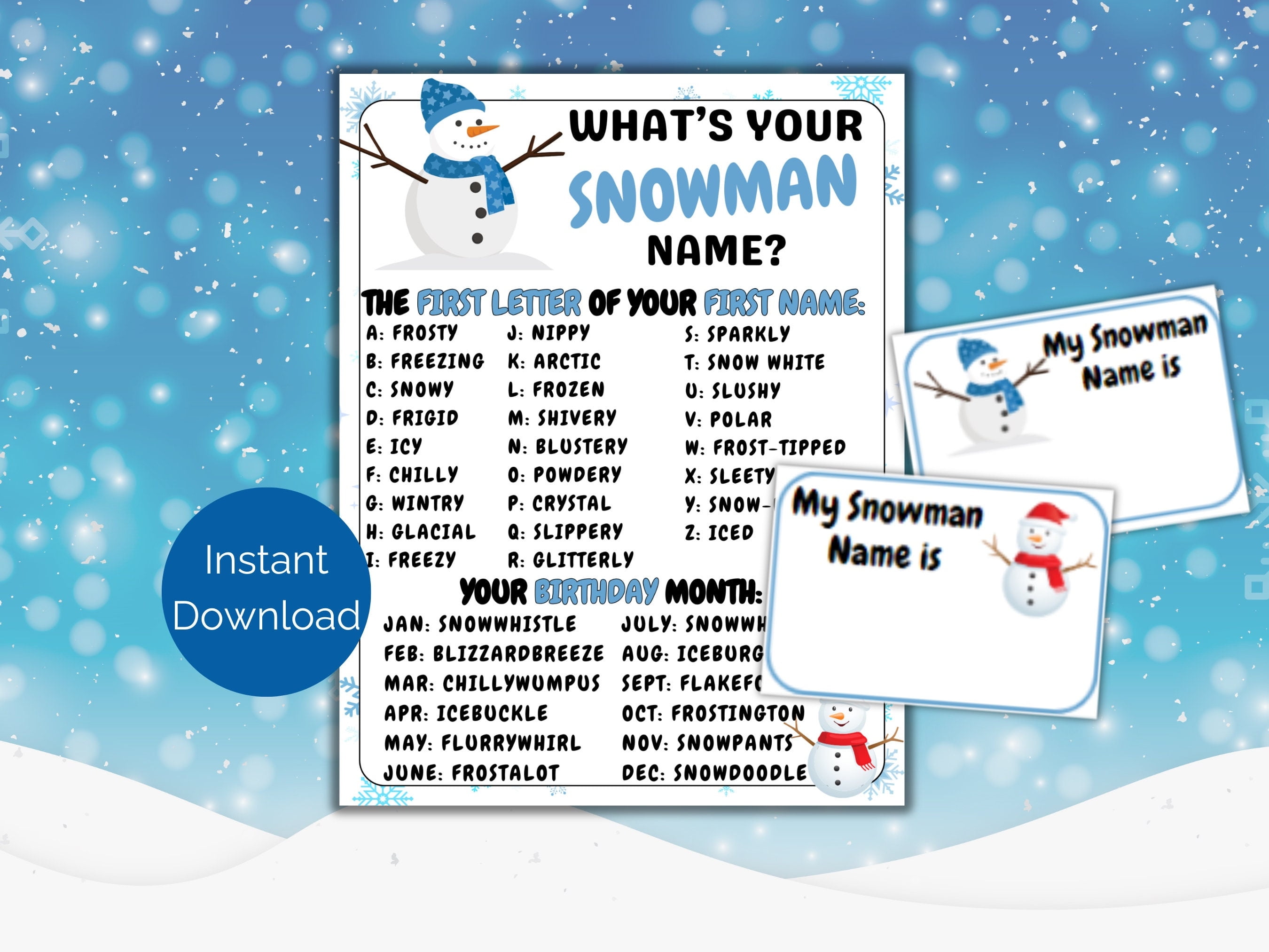 CHUBU What's Your Snowman Name Game + Name Tags, Snowman Activity ...