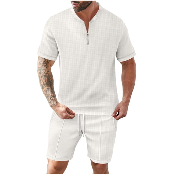 CHUMUD 2 Piece Sets for Men Half Zipper Mock Neck Short Sleeve Shirts ...