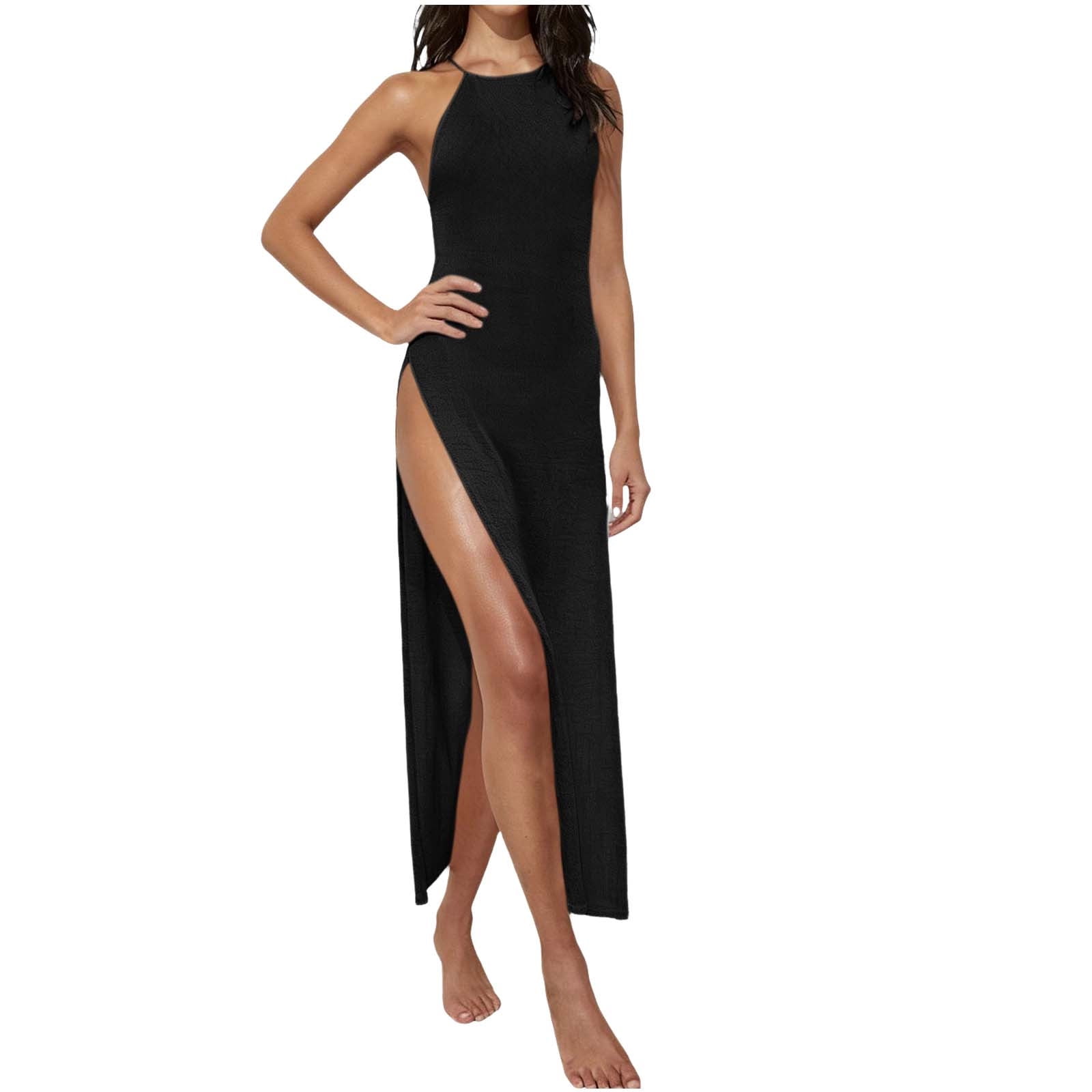 CHUMUD Beach Cover Ups for Women Halter Sleeveless Side Slit Swim Cover ...