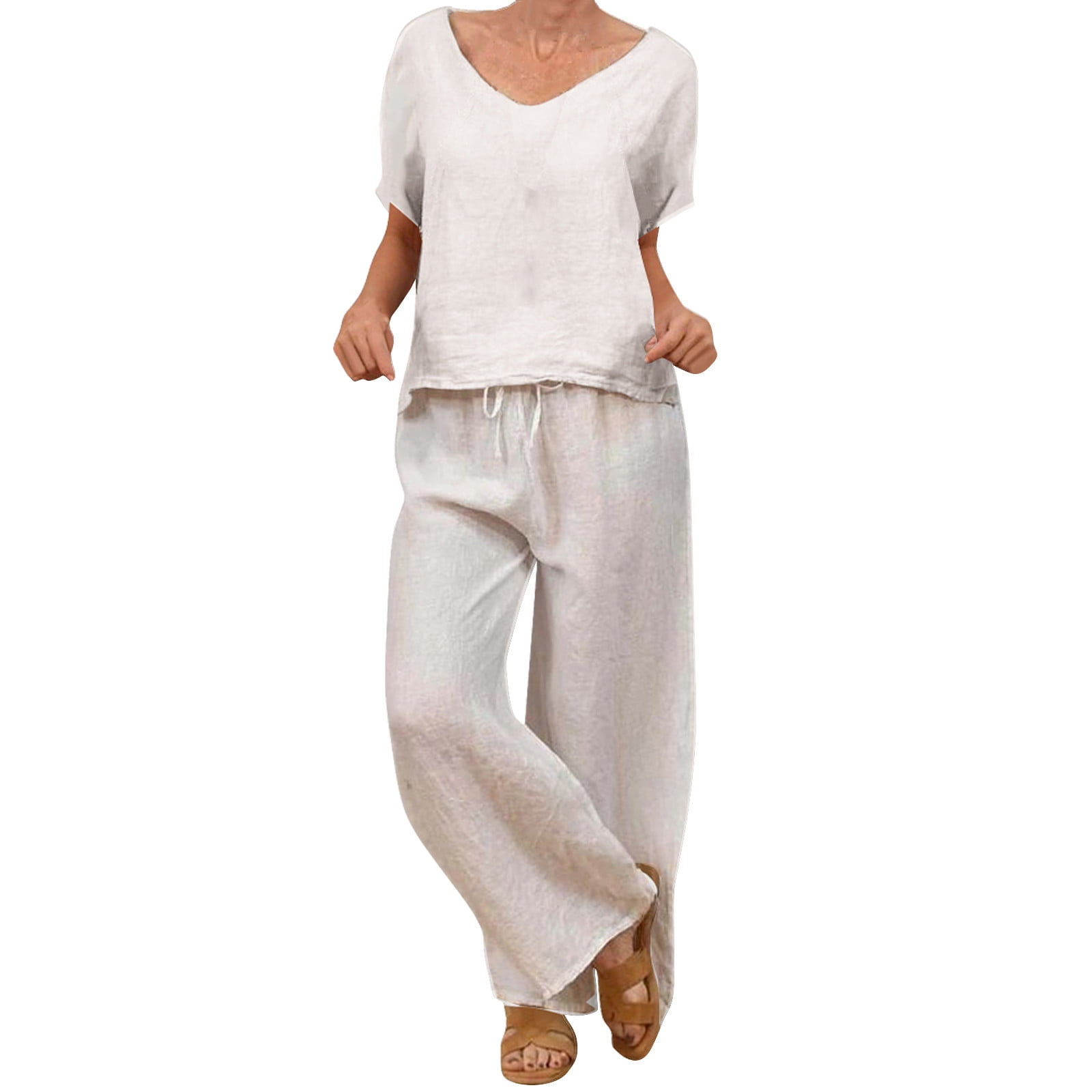 CHUMUD Cotton Linen Two Piece Sets for Elder Women Wide Leg Pants Set ...