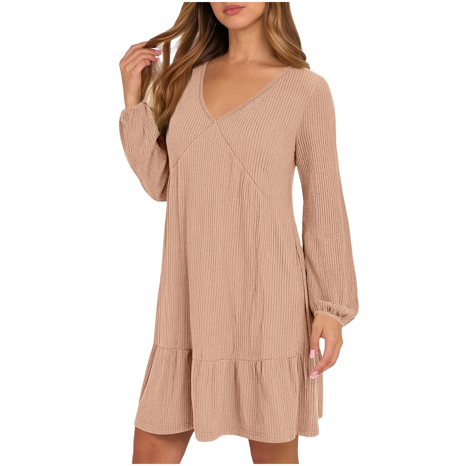CHUMUD Dresses for Women Long Sleeve V Neck Lightweight Ribbed Knit Empire Waist Casual A Line ...