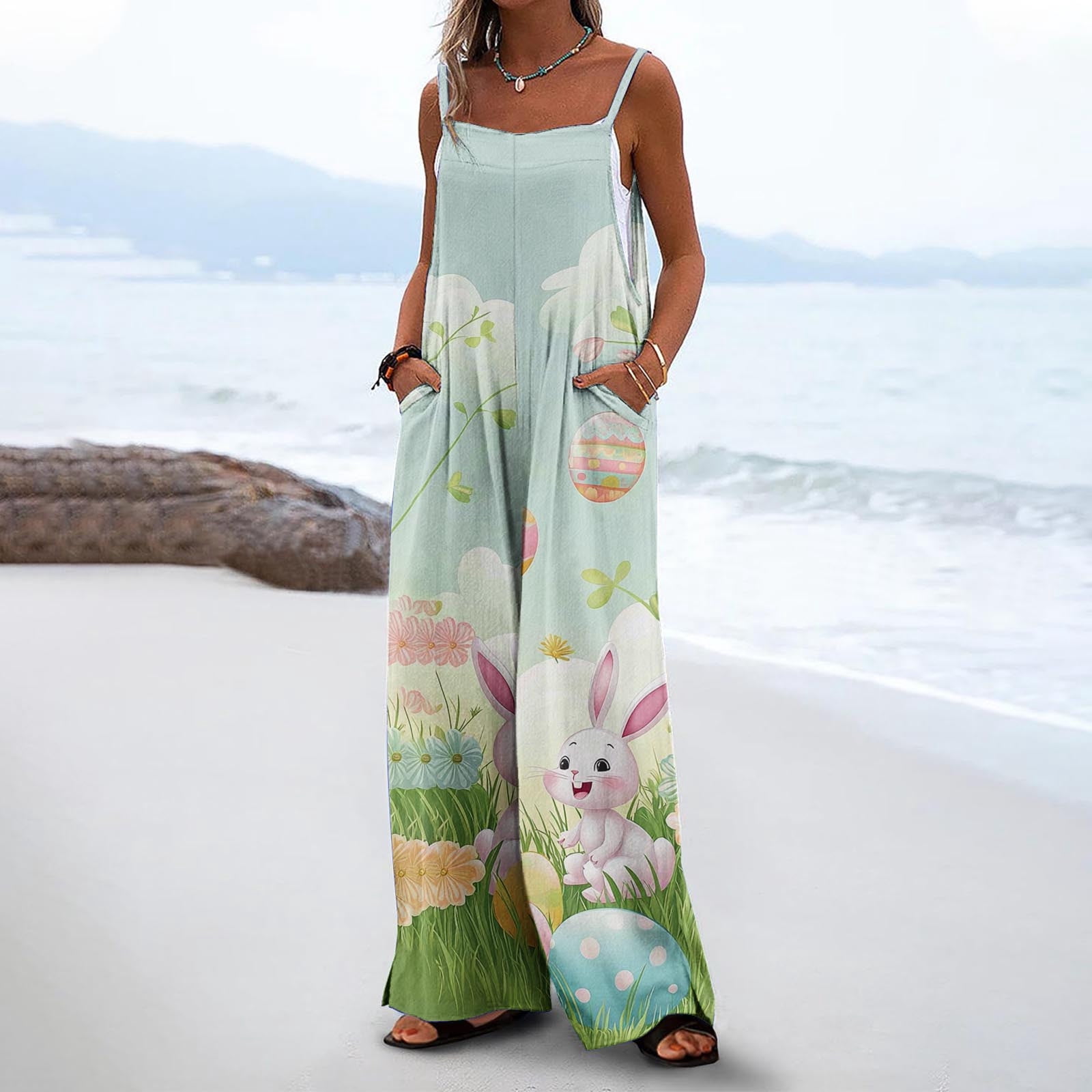 CHUMUD Easter Outfit Women Women's Easter Bunny Print Overalls Jumpsuit ...
