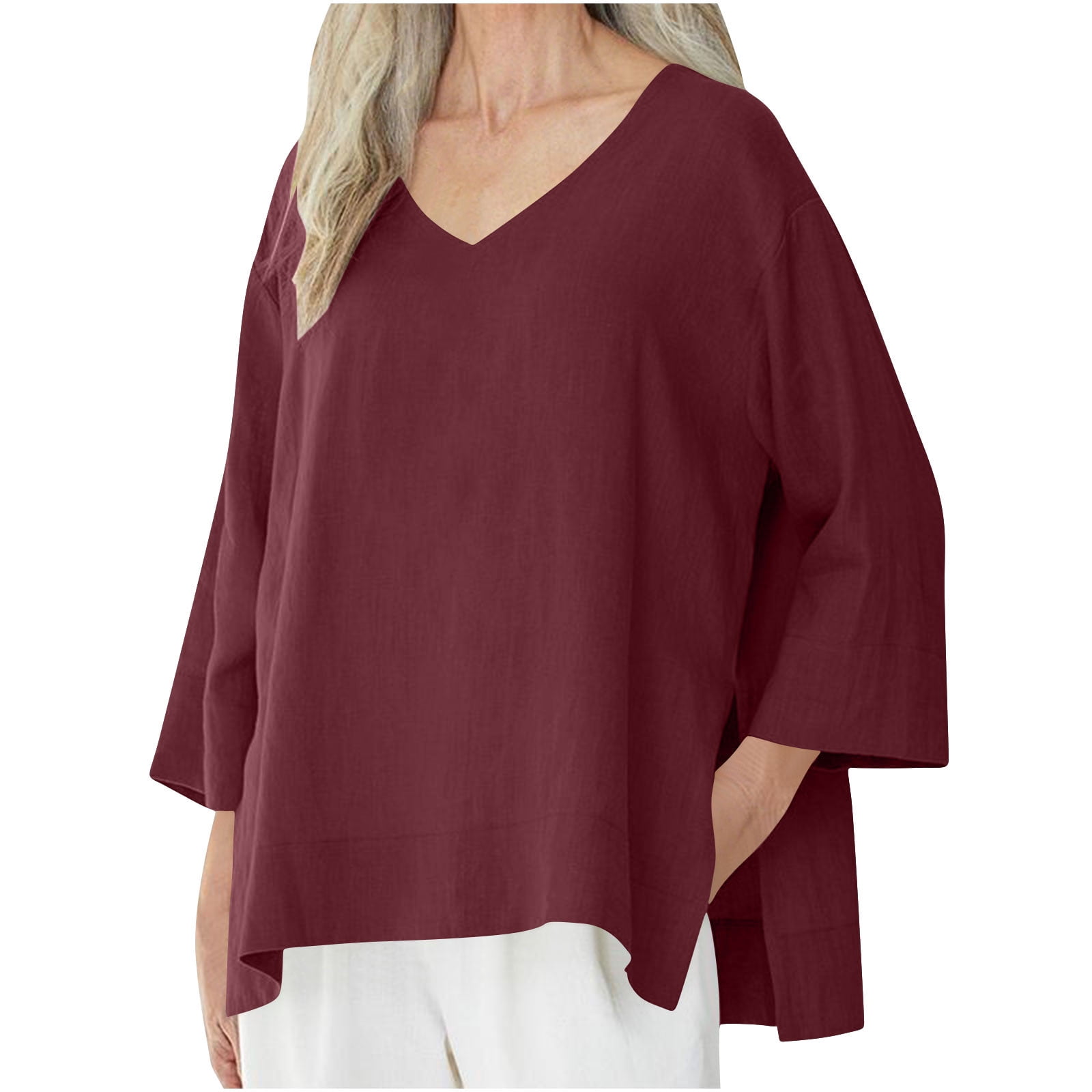 CHUMUD Elder Womens Summer Tops 3/4 Sleeve V Neck Side Slit Tees Loose ...