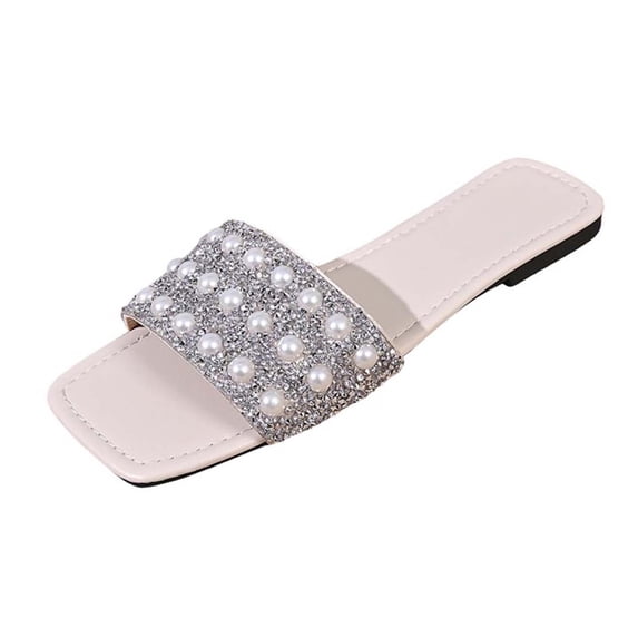 CHUMUD Slippers for Women Indoor and Outdoor Rhinestone Square Toe Flat ...