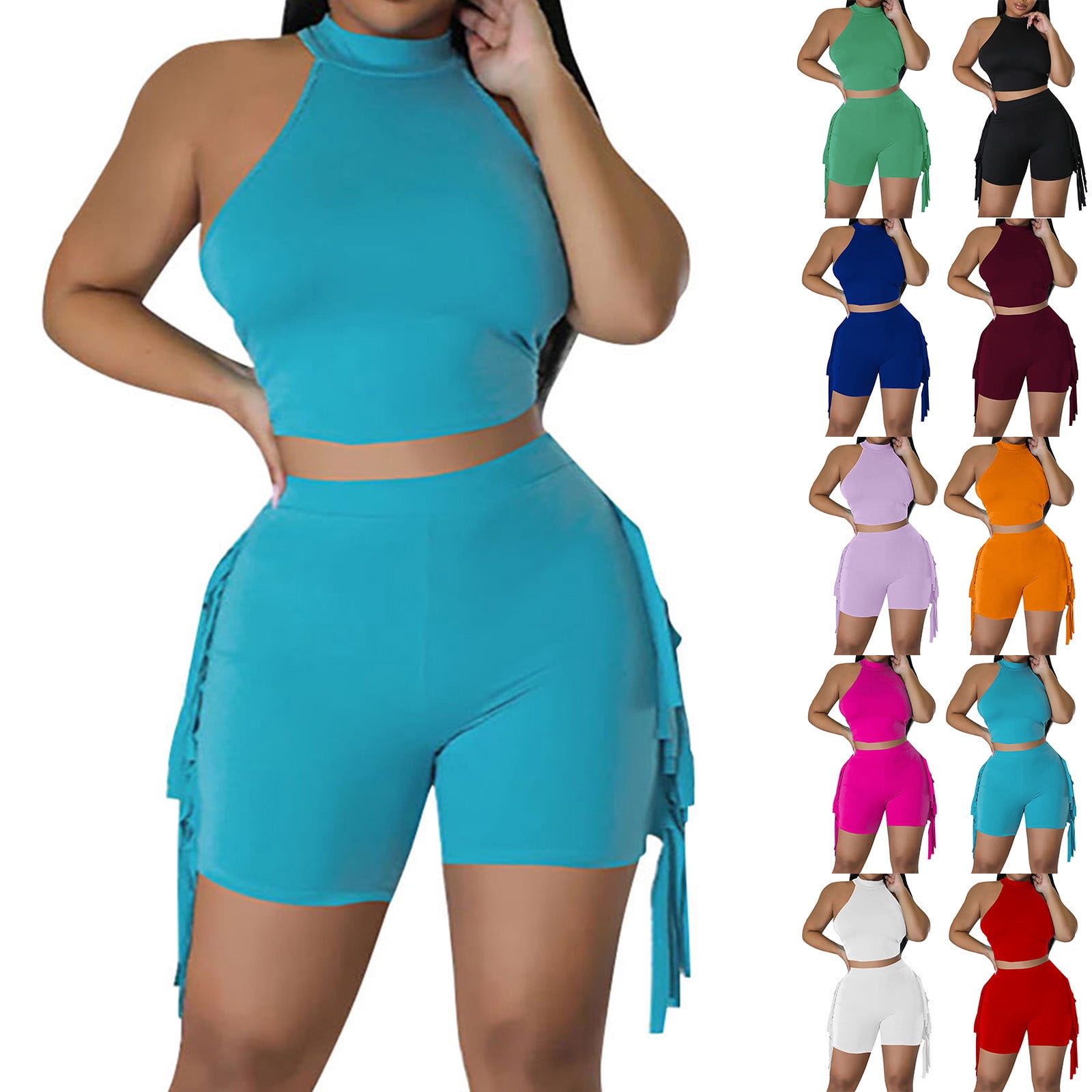 CHUMUD Two Piece Sets for Women Summer Workout Set Halter Top Crop ...