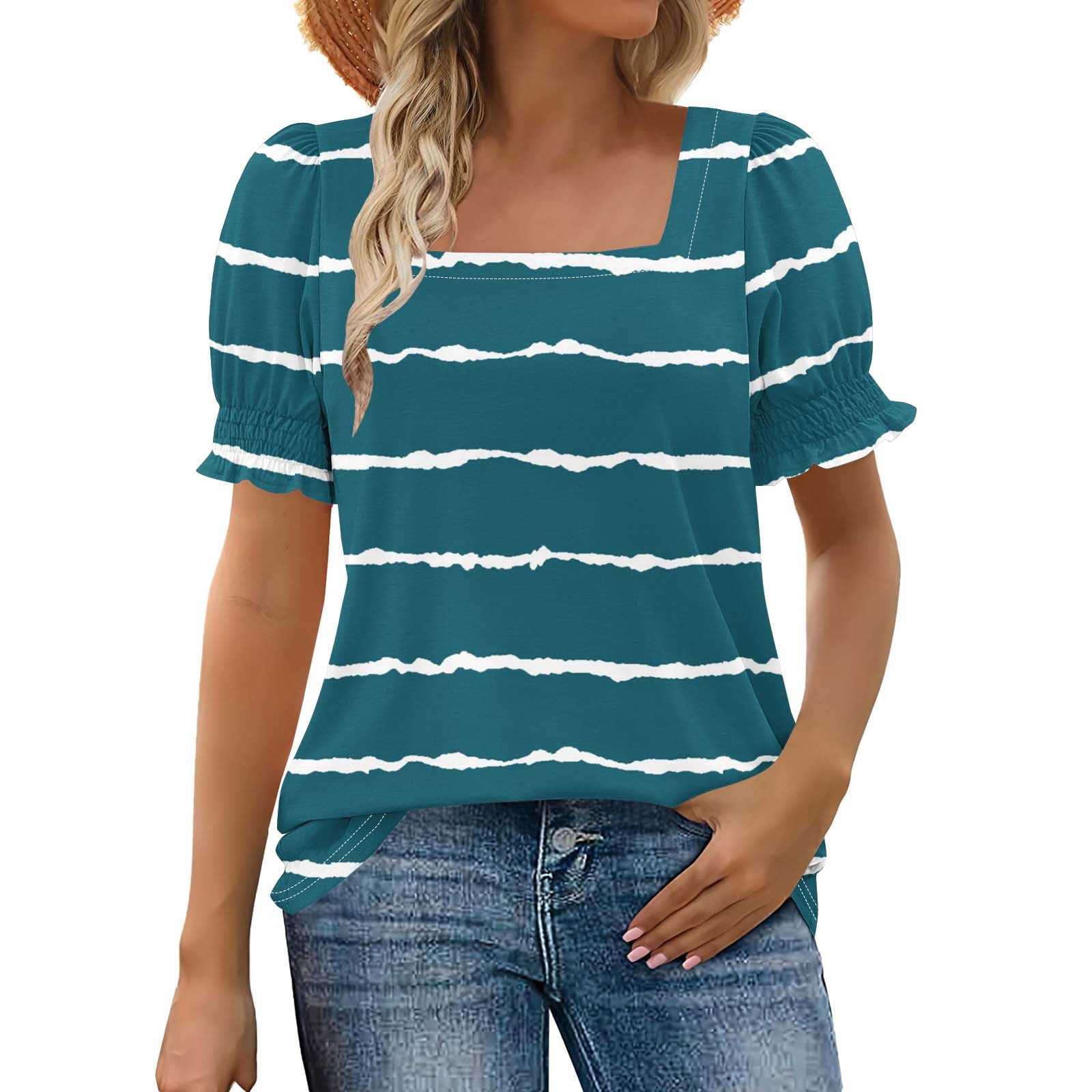 CHUMUD Women Color Block Stripes Short Sleeve Tops Square Neck Ruffle ...