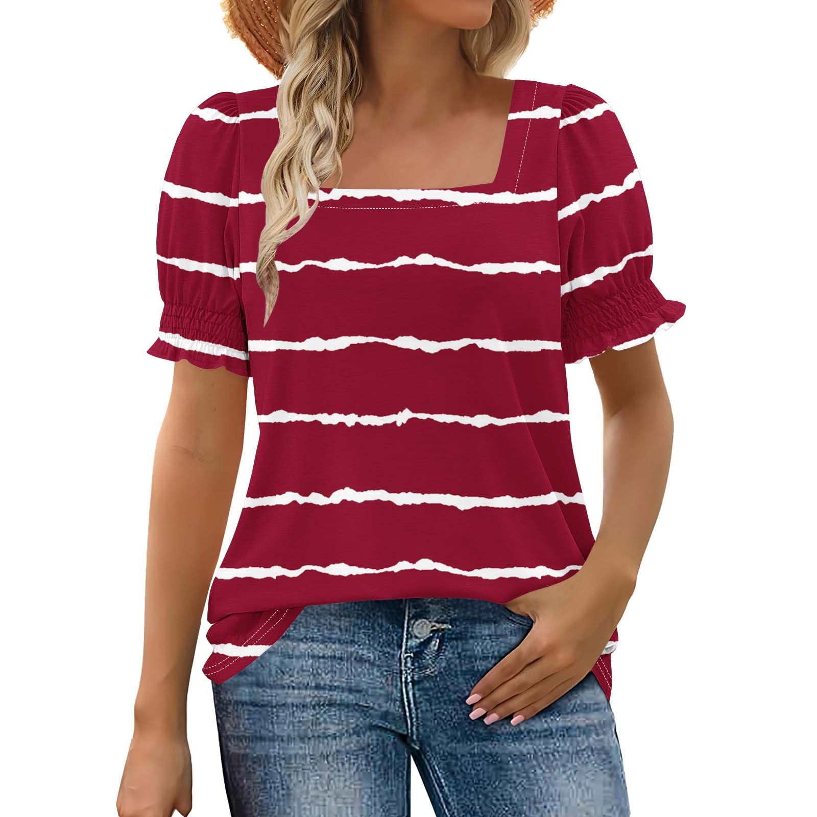 CHUMUD Women Color Block Stripes Short Sleeve Tops Square Neck Ruffle ...