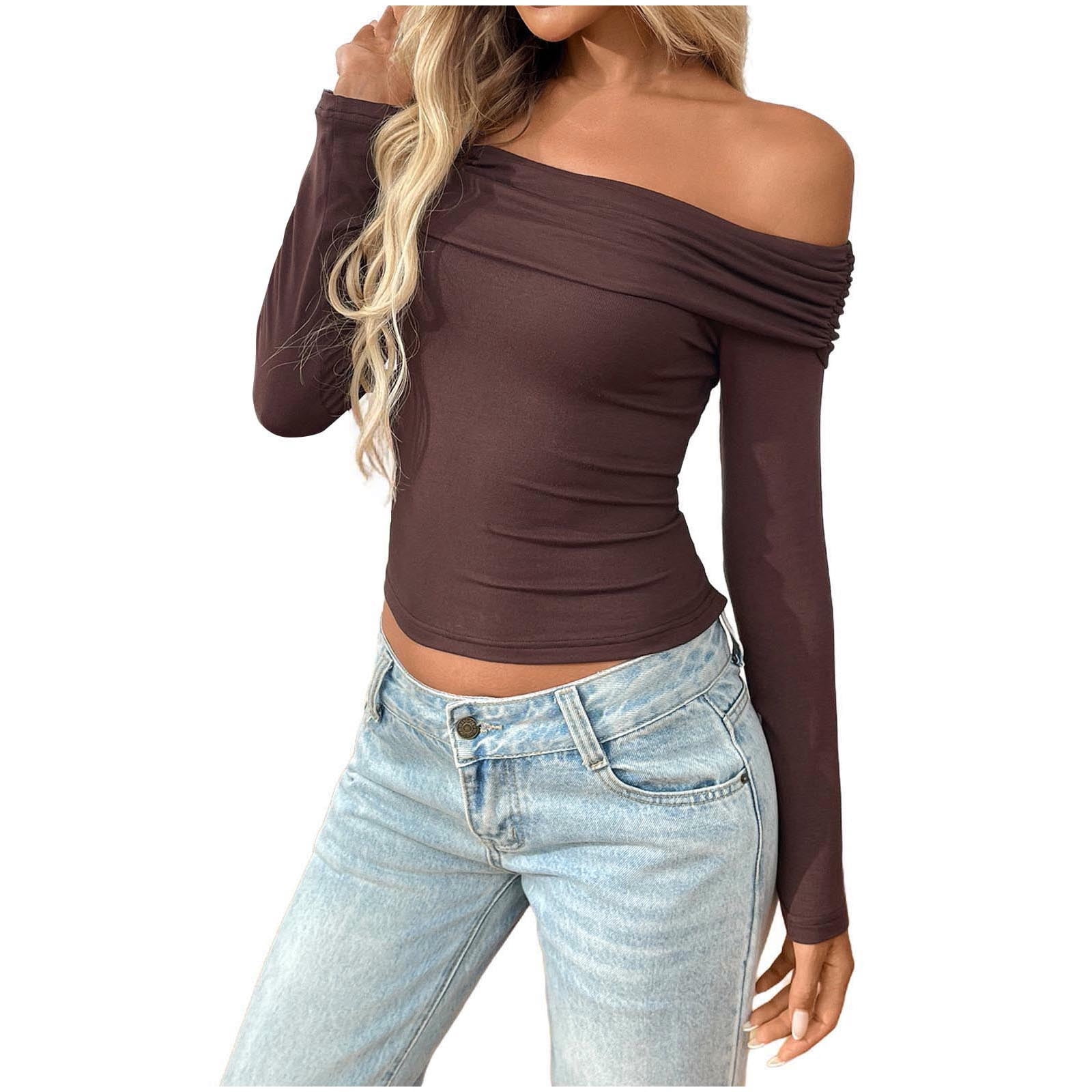 CHUMUD Women Off Shoulder Tops Long Sleeve Blouses Sexy Slim Fitted Top ...