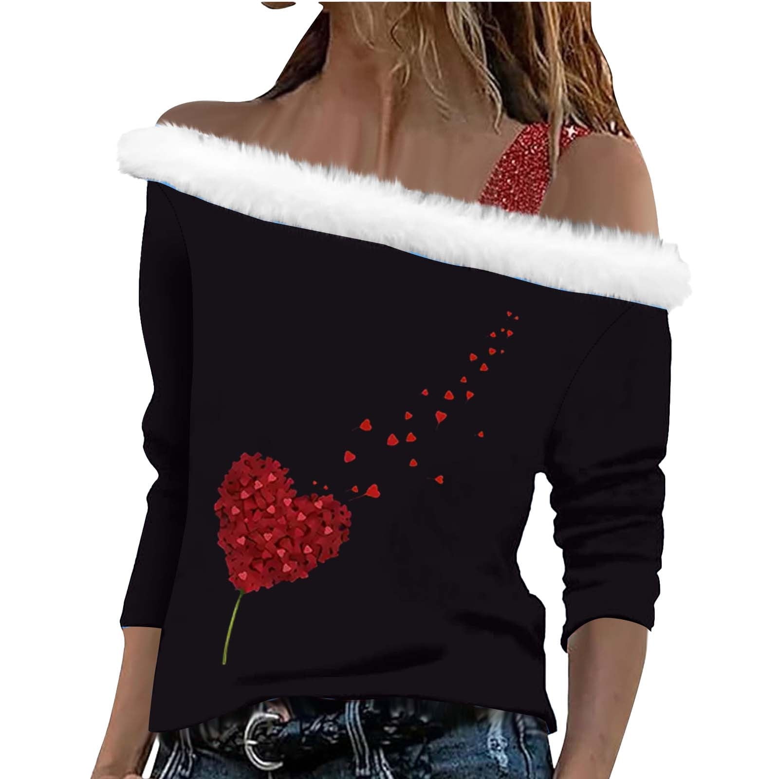 CHUMUD Women Off Shoulder Tops Slanted Shoulder Red Love Heart Long ...