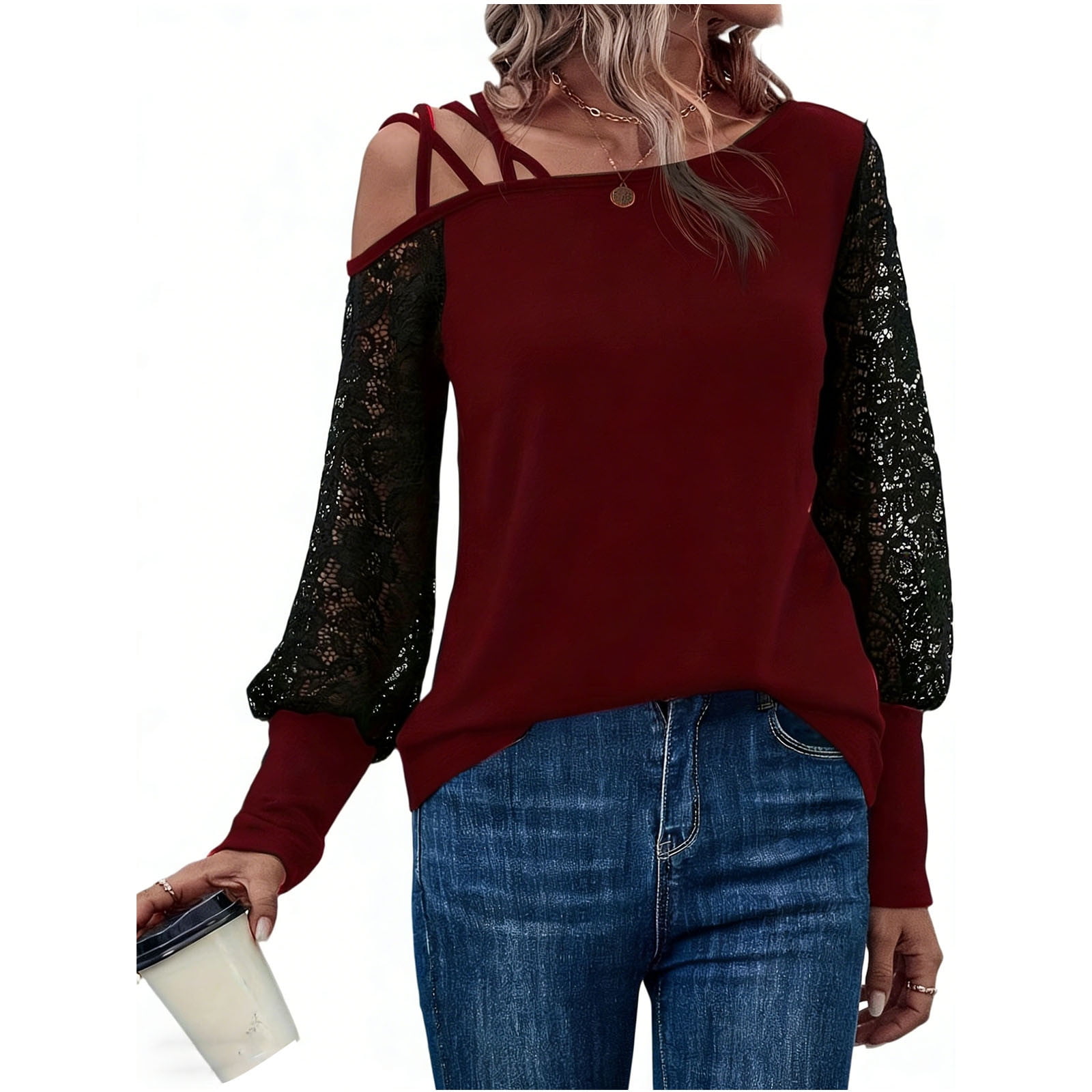 CHUMUD Women Off Shoulder Tops Slanted Shoulder Red Patchwork Lace Long ...