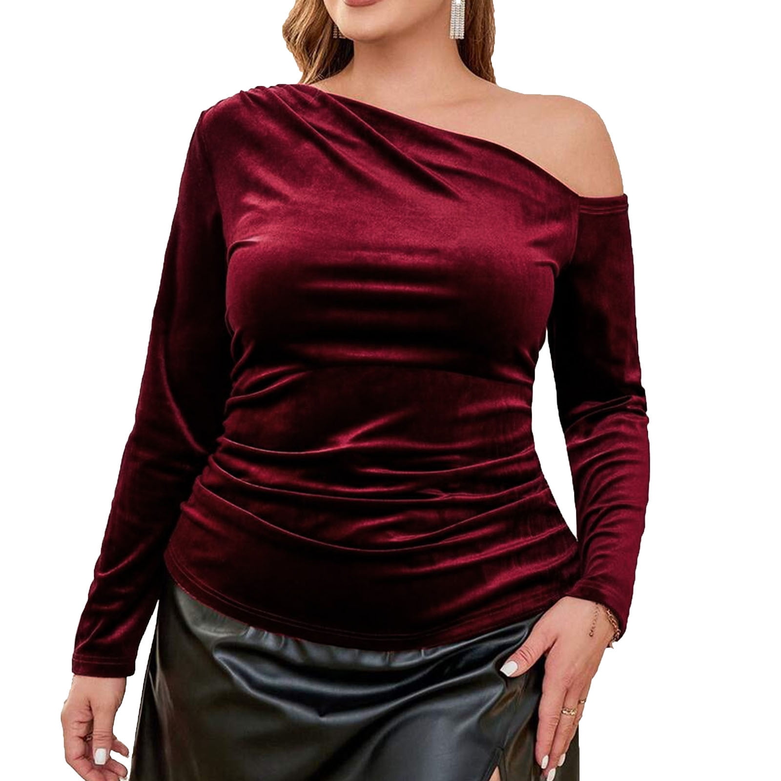 CHUMUD Women Plus Size Red Off Shoulder Tops Slanted Shoulder Long ...
