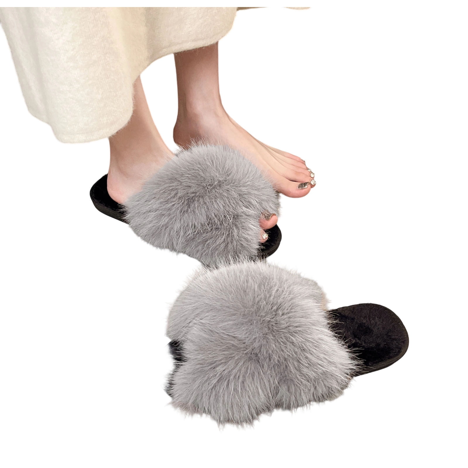 CHUMUD Women's Faux Fox Fur Slippers - Plush Open-Toe Mules with ...