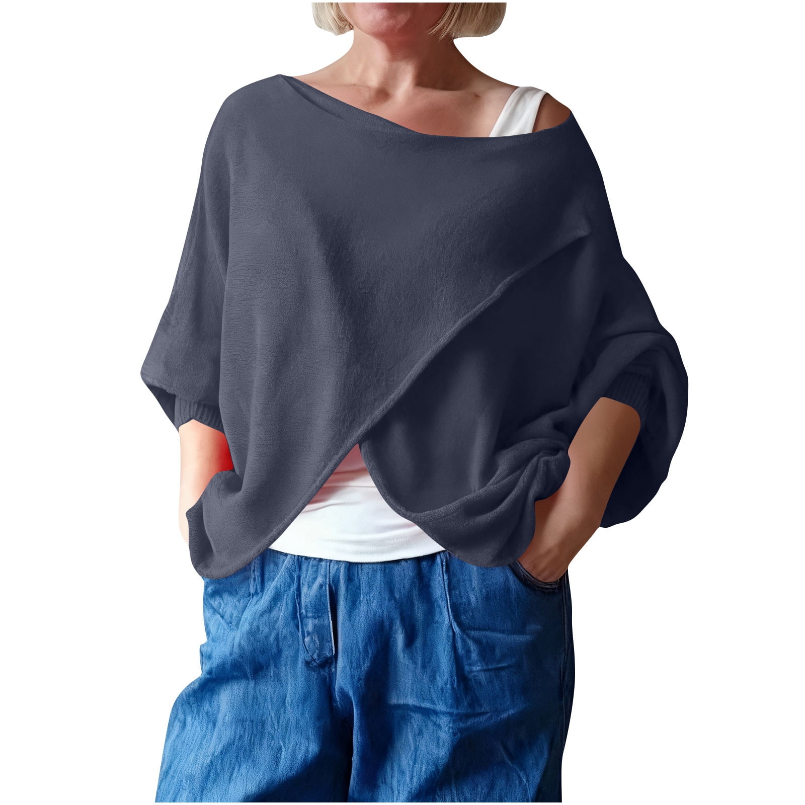 CHUMUD Women's Fluffy Off Shoulder Tops Inverted-V Hem Split-Front ...