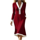 CHUMUD Women's Long Sleeve Midi Dresses V-Neck Half Button Down Color ...
