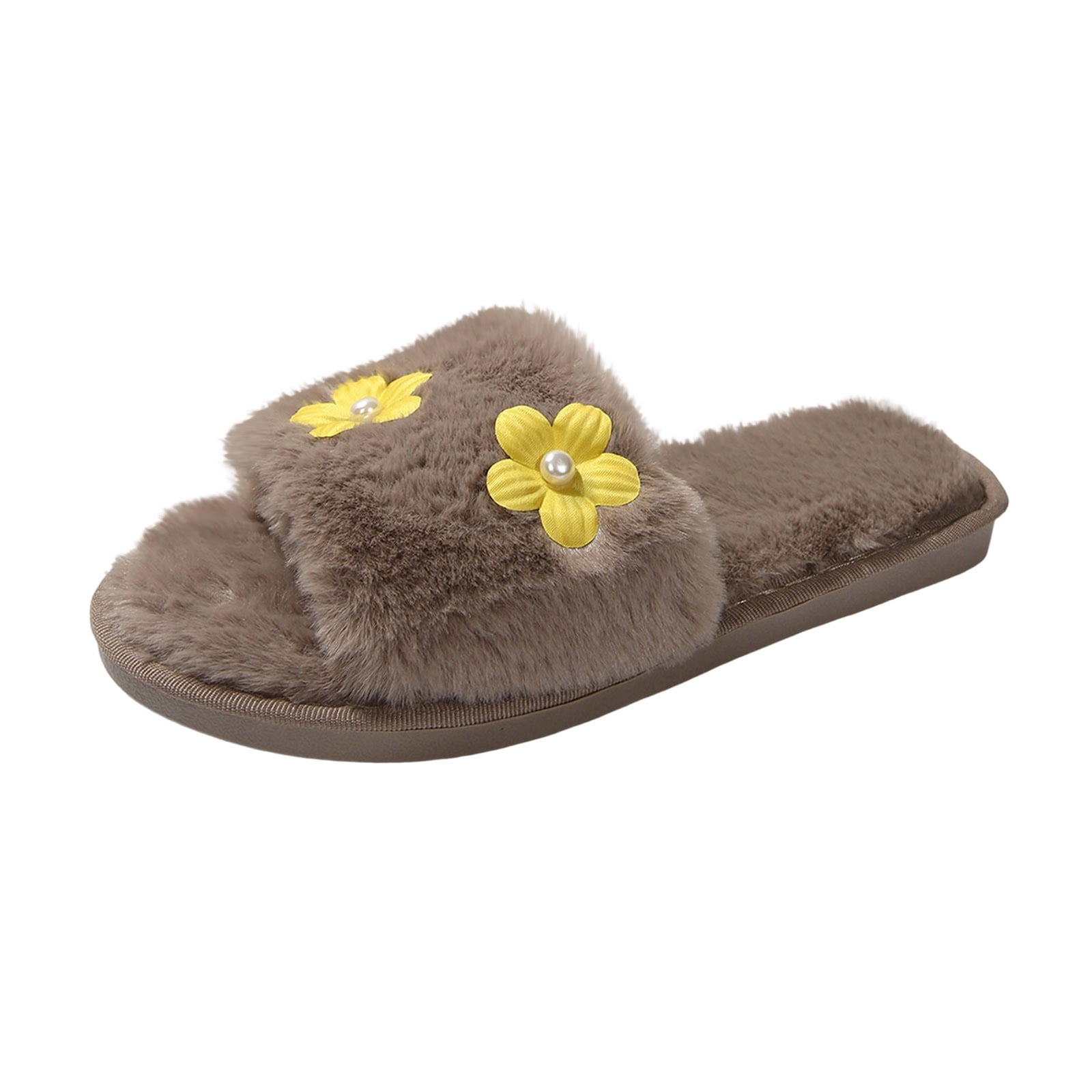 CHUMUD Women's Open Toe House Slippers Floral Decoration Plush Slippers ...