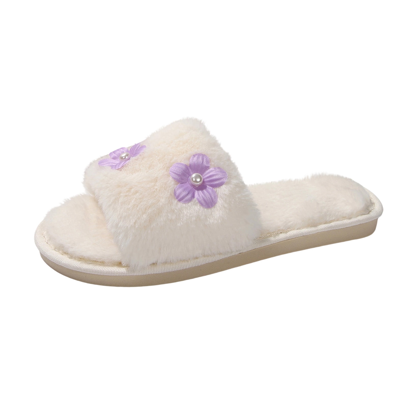 CHUMUD Women's Open Toe House Slippers Floral Decoration Plush Slippers ...