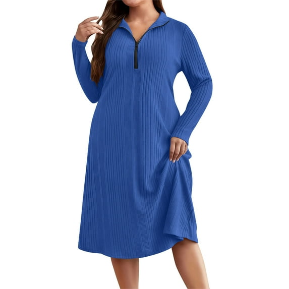 CHUMUD Women's Plus Size Midi Dress Half Zip Ribble Long Sleeve Knee ...