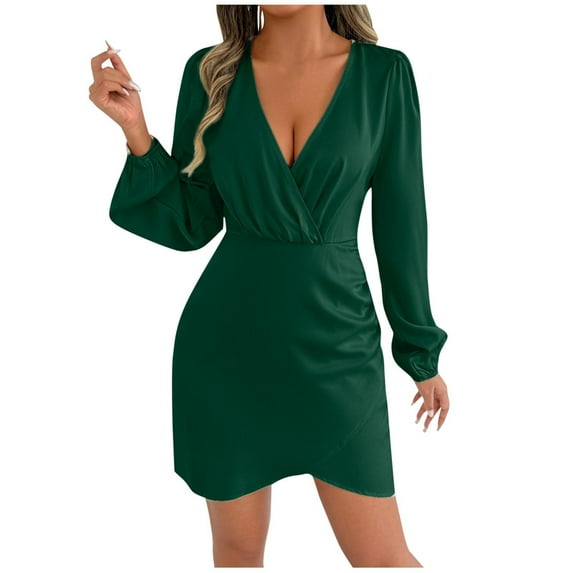 CHUMUD Women's Satin Mini Dresses V Neck Long Sleeve Casual Elegant ...