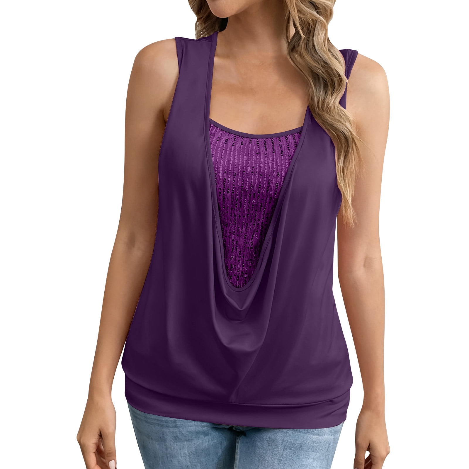 CHUMUD Women's Sequin Tank Tops Draped Front Top Sleeveless Scoop Neck ...