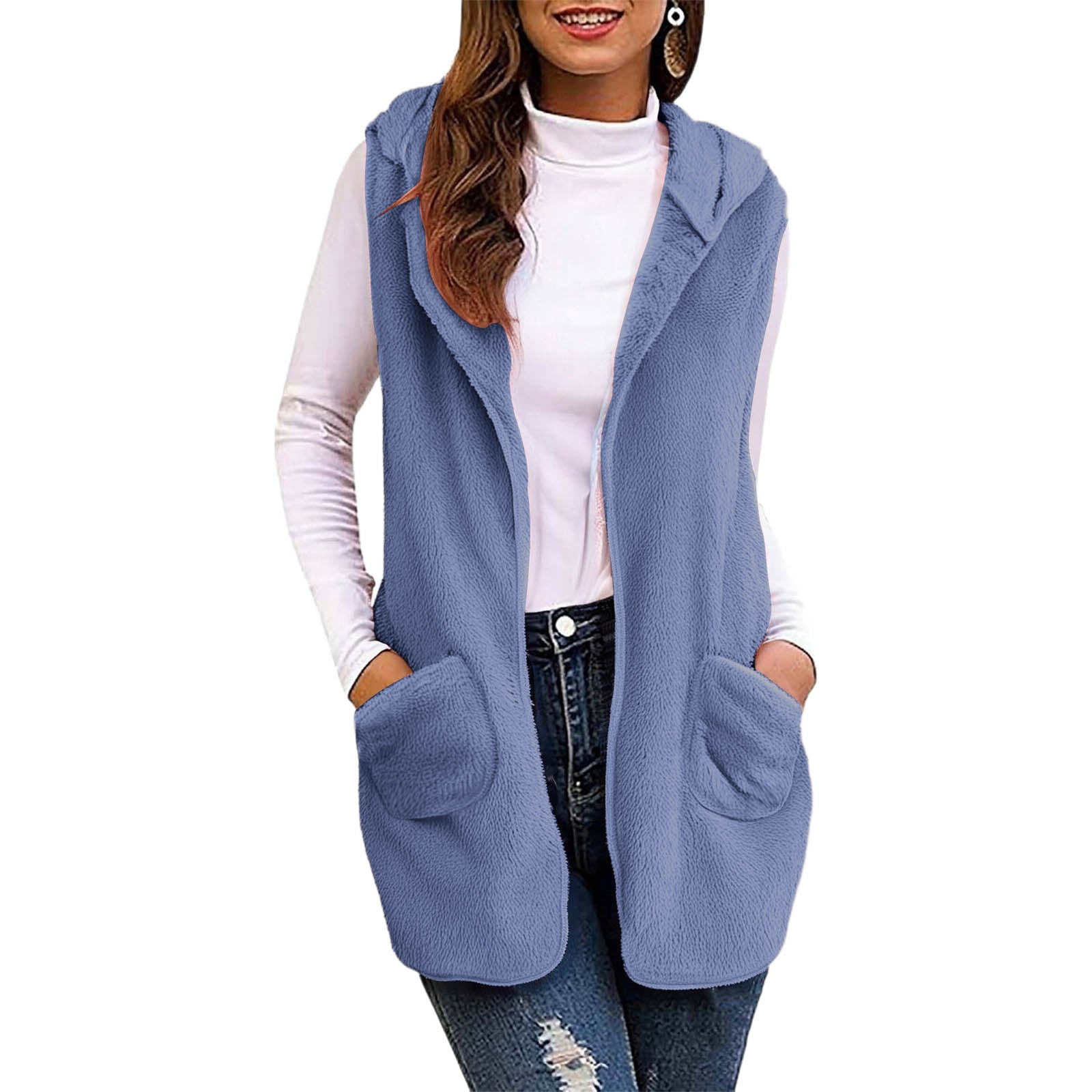 CHUMUD Women's Sleeveless Fuzzy Jacket Open Front Hooded Vest Casual ...