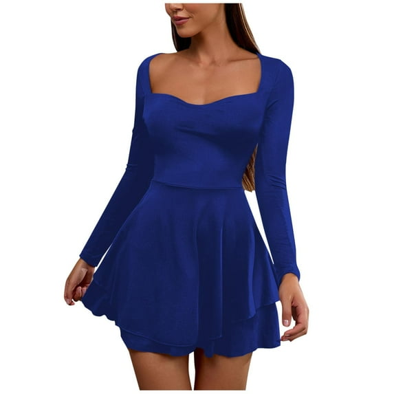 CHUMUD Women's Square Neck Long Sleeve Mini Dresses Ruched Corset Waist ...