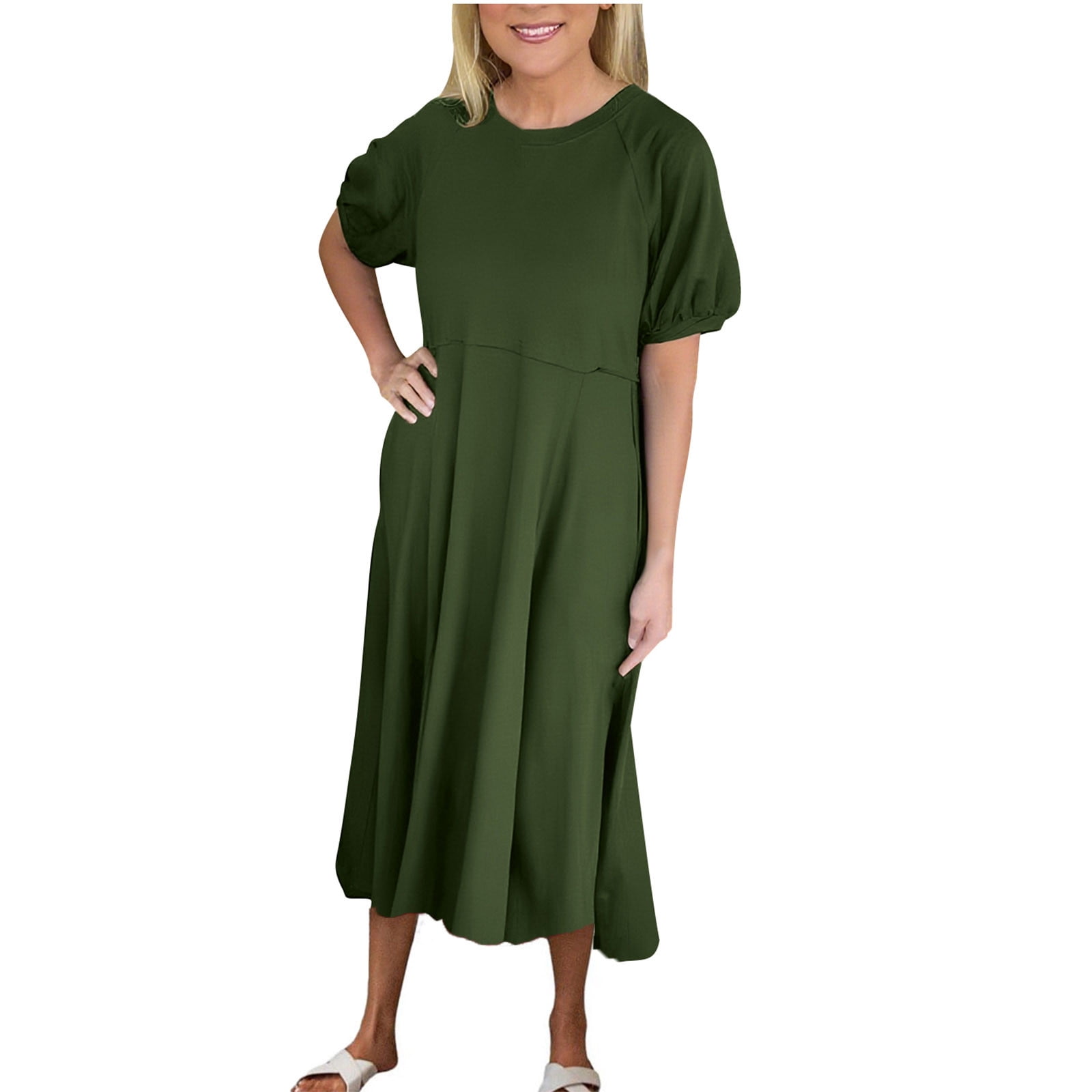 CHUMUD Women's Summer Casual Dress Crew Neck Puff Sleeve Midi Dresses ...